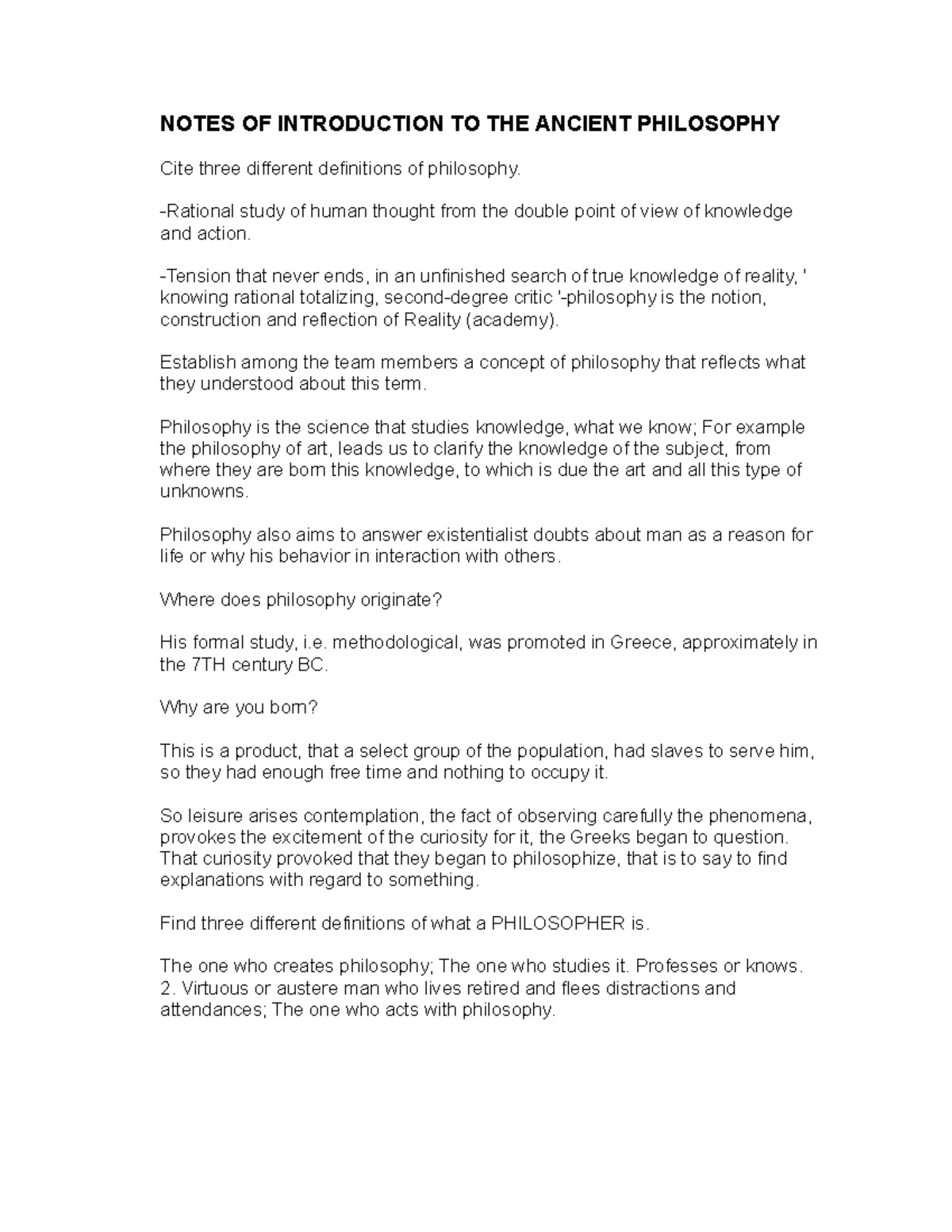 Notes of introduction to the ancient philosophy - NOTES OF INTRODUCTION ...