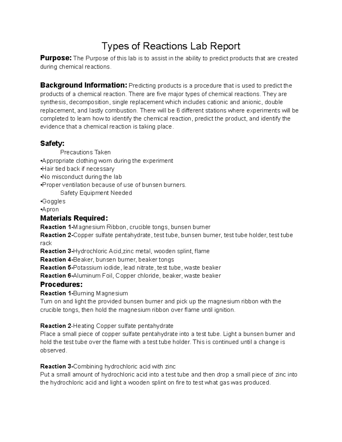 Lab Report - Types of Reactions Lab Report Purpose: The Purpose of this ...