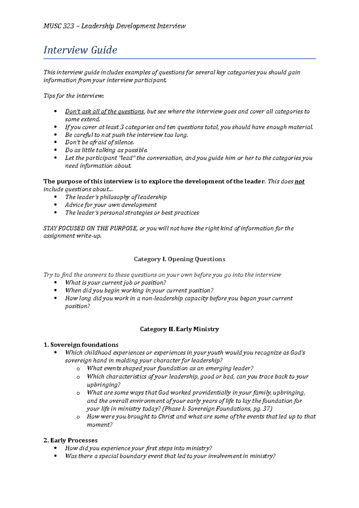 MUSC Interview Guide - MUSC 323 – Leadership Development Interview ...