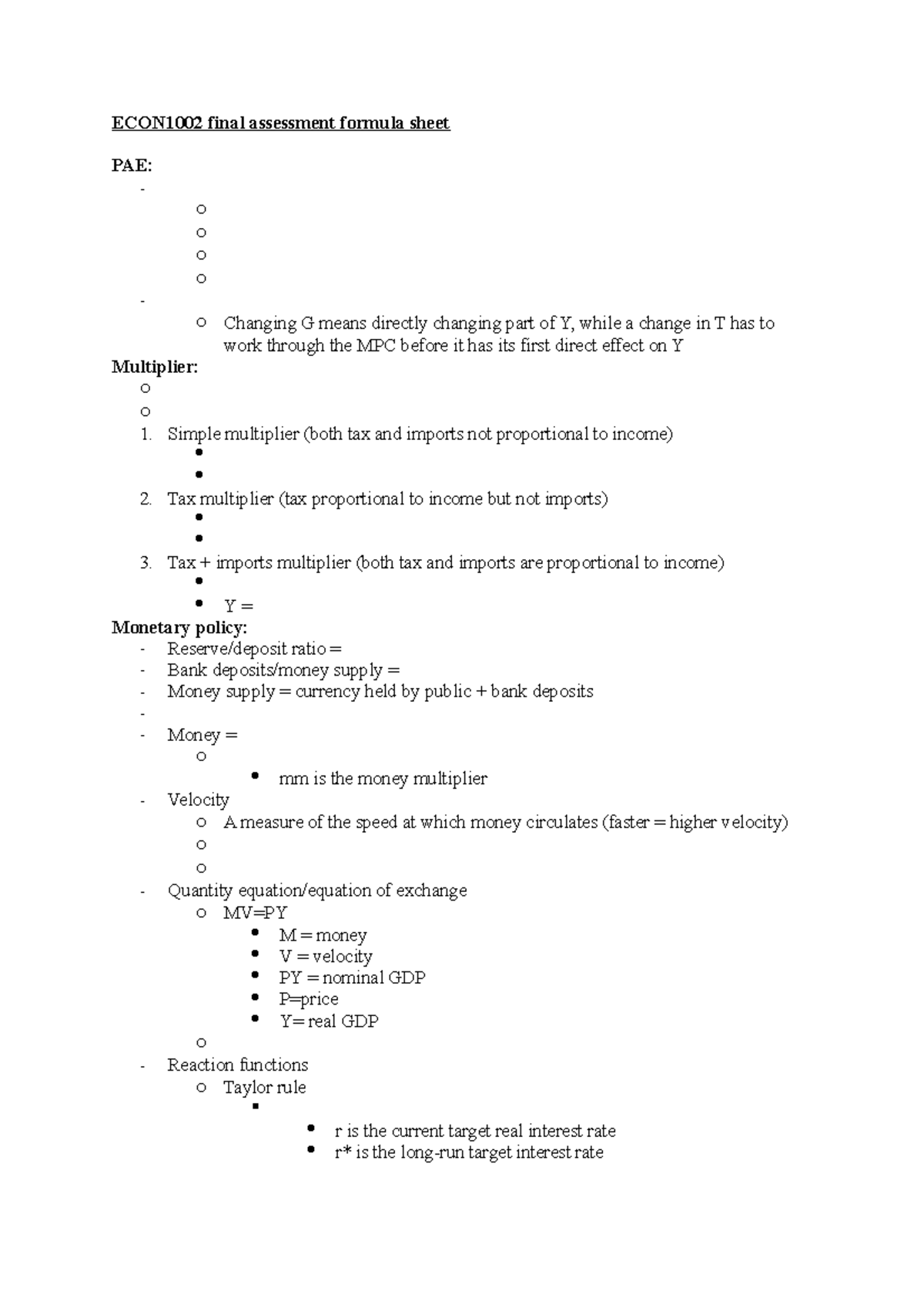 ECON1002 final assessment formula sheet - Simple multiplier (both tax ...