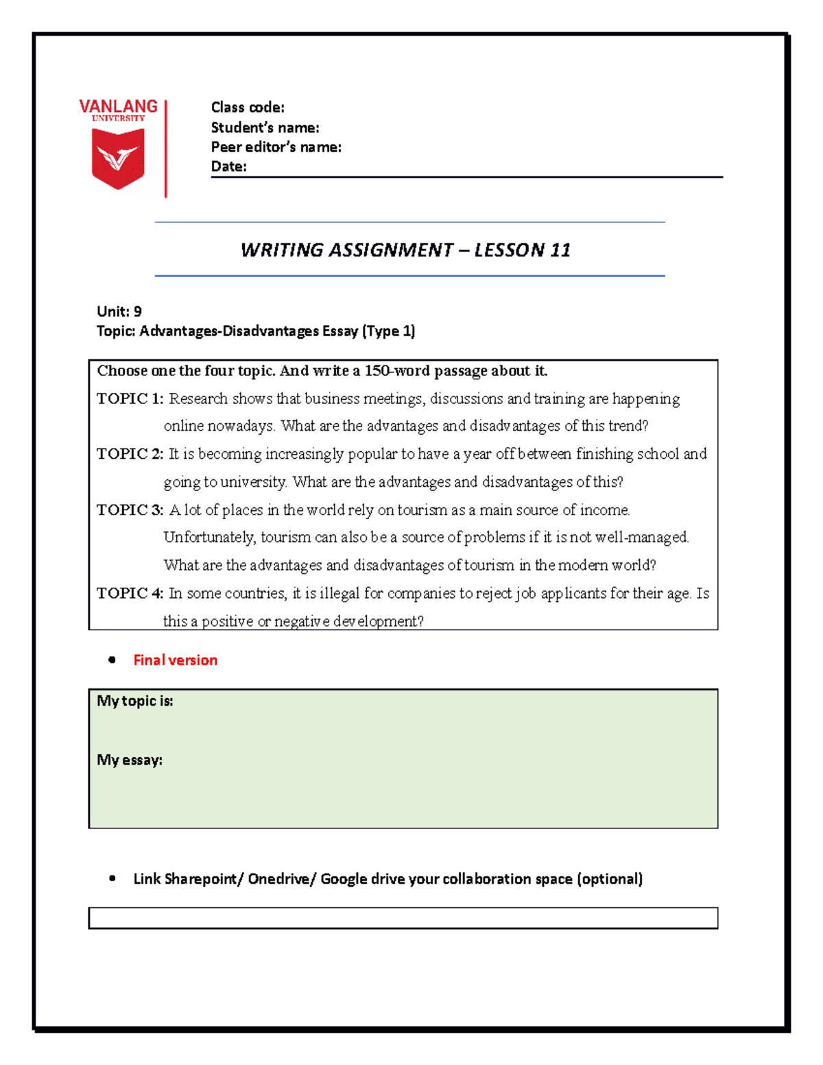 Unit 11- Template - Writing assignment - Class code: Student’s name ...
