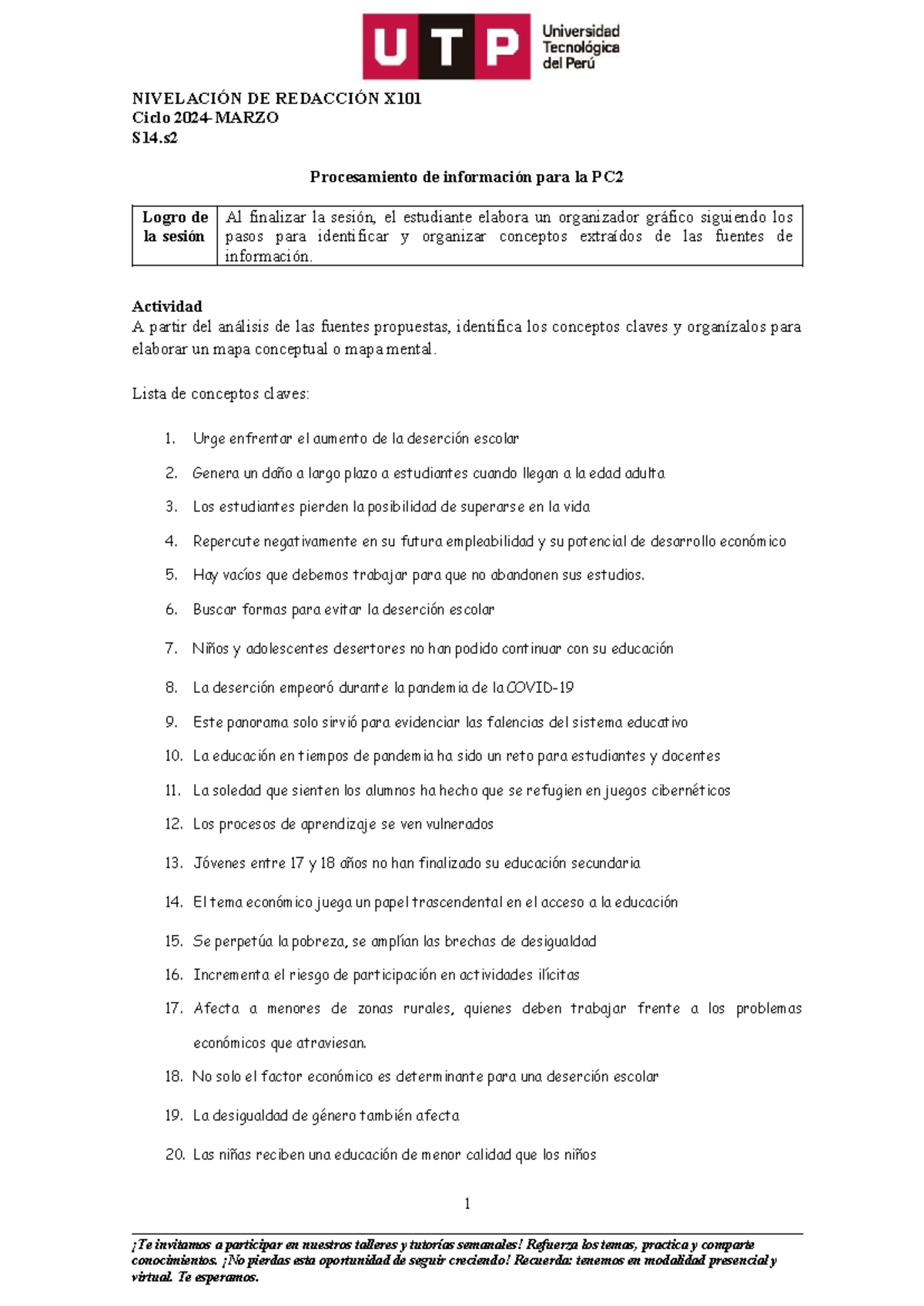 Procesamiento de la informacion para la pc2 de comprensión y redacción - NIVELACIÓN DE REDACCIÓN ...