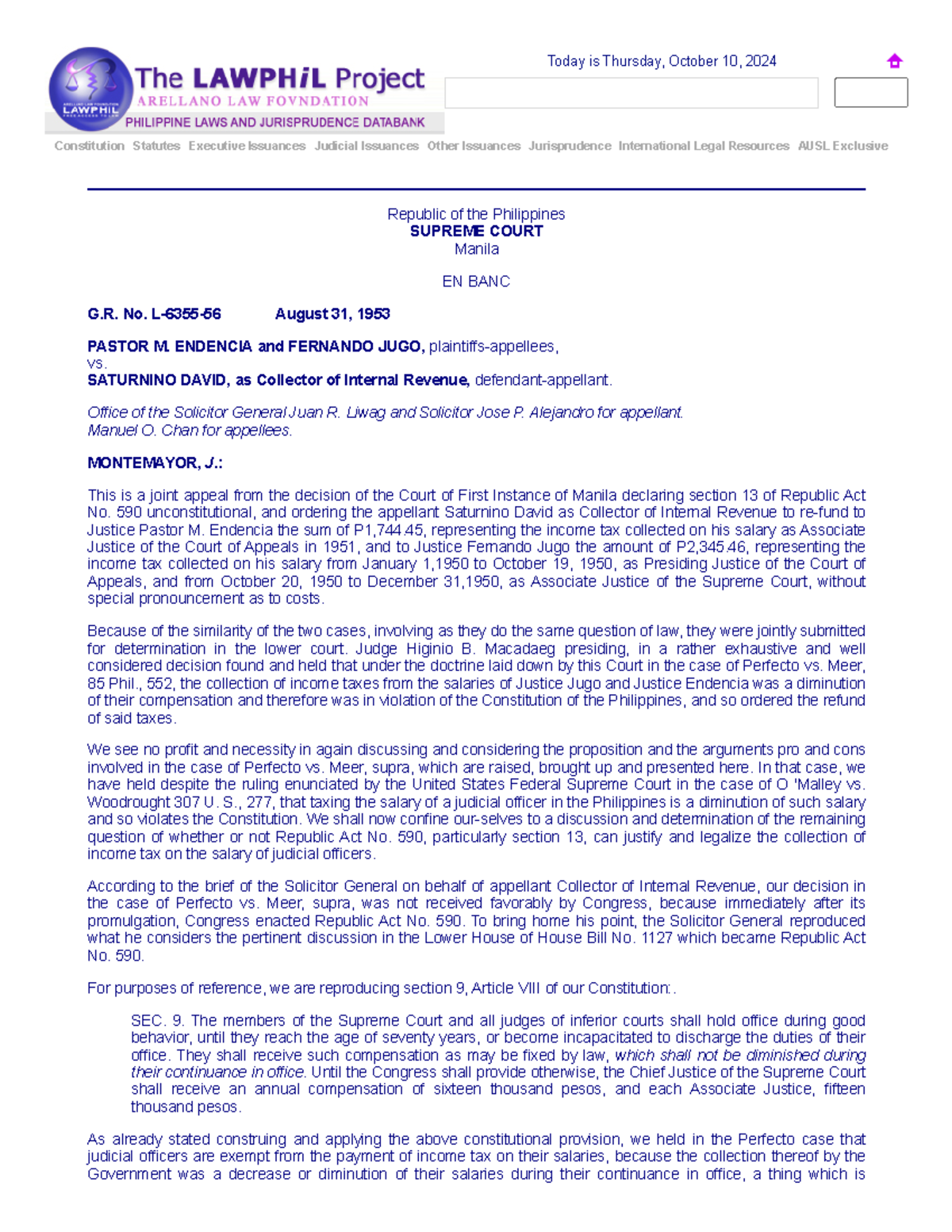 Endencia v. David G.R. No. L-6355-56 - Constitution Statutes Executive ...