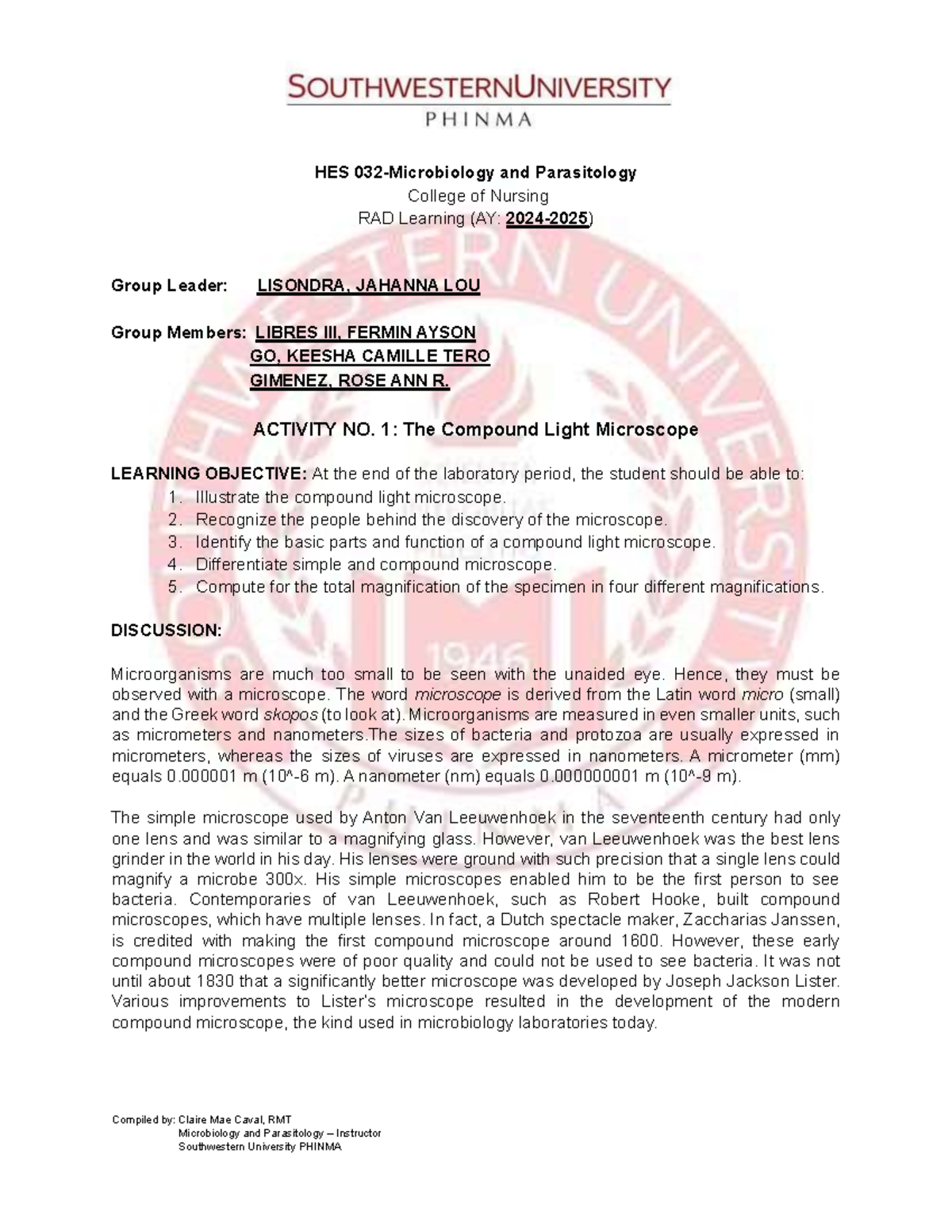 HES 032 LAB Activity 1 - study well - Compiled by: Claire Mae Caval ...