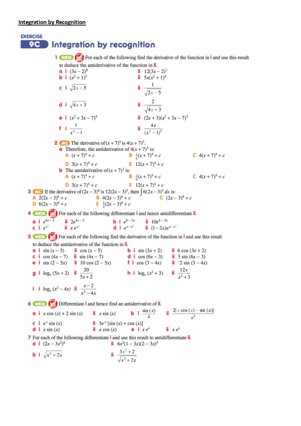 Integration By Recognition Integration Recognition Exercise 9c