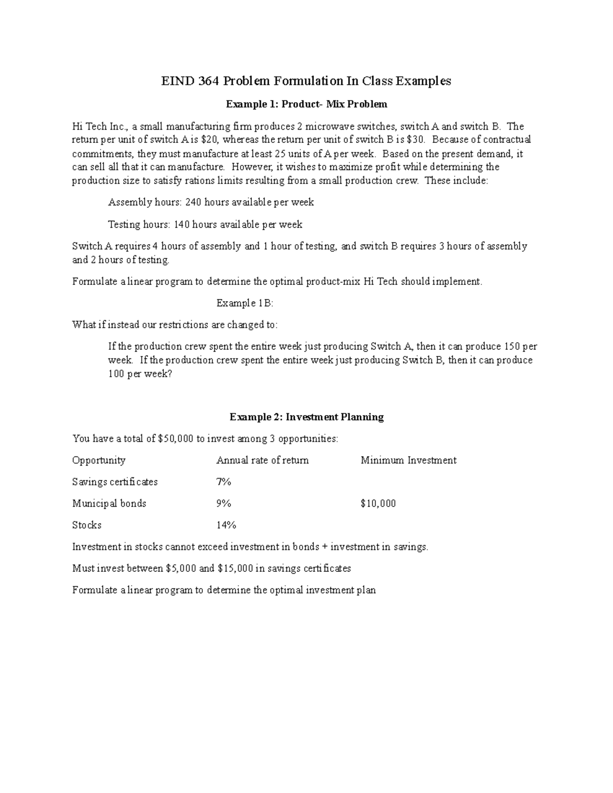 EIND 364 Problem Formulation Examples - EIND 364 Problem Formulation In ...
