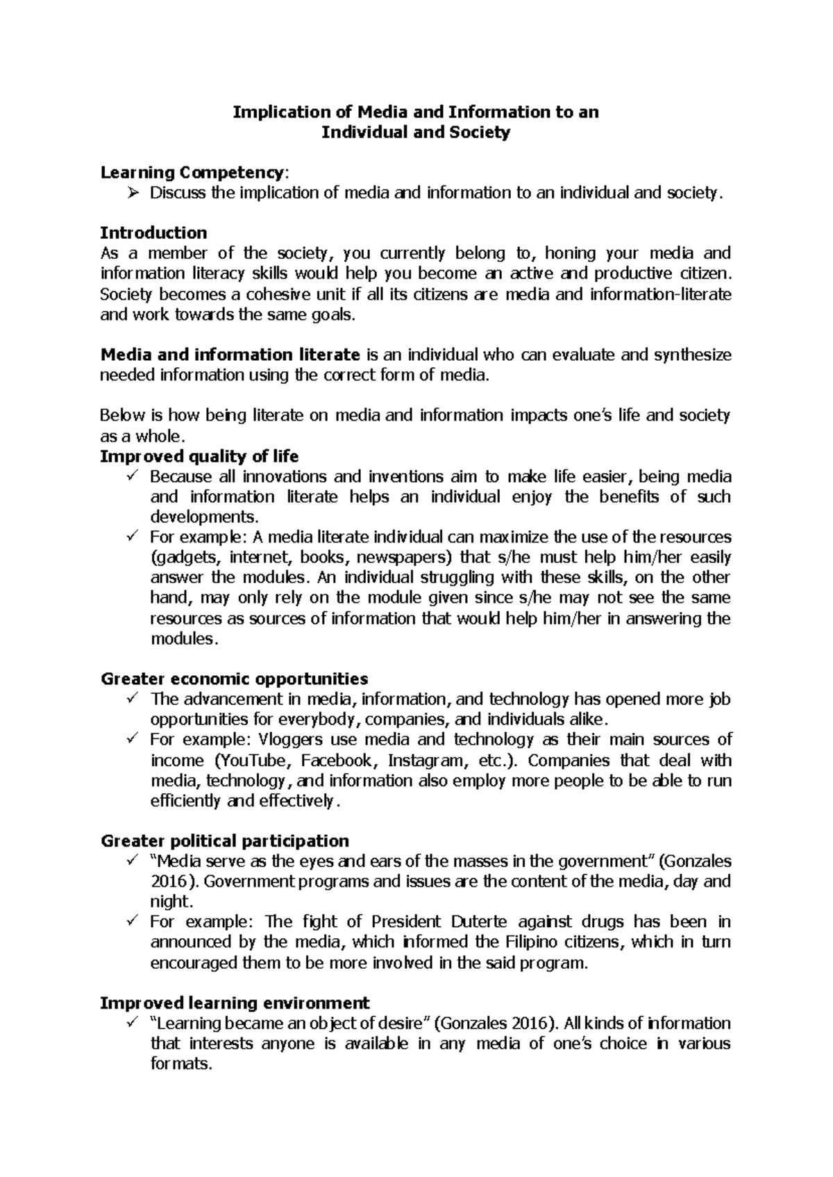 Implication of Media and Information - Introduction As a member of the ...