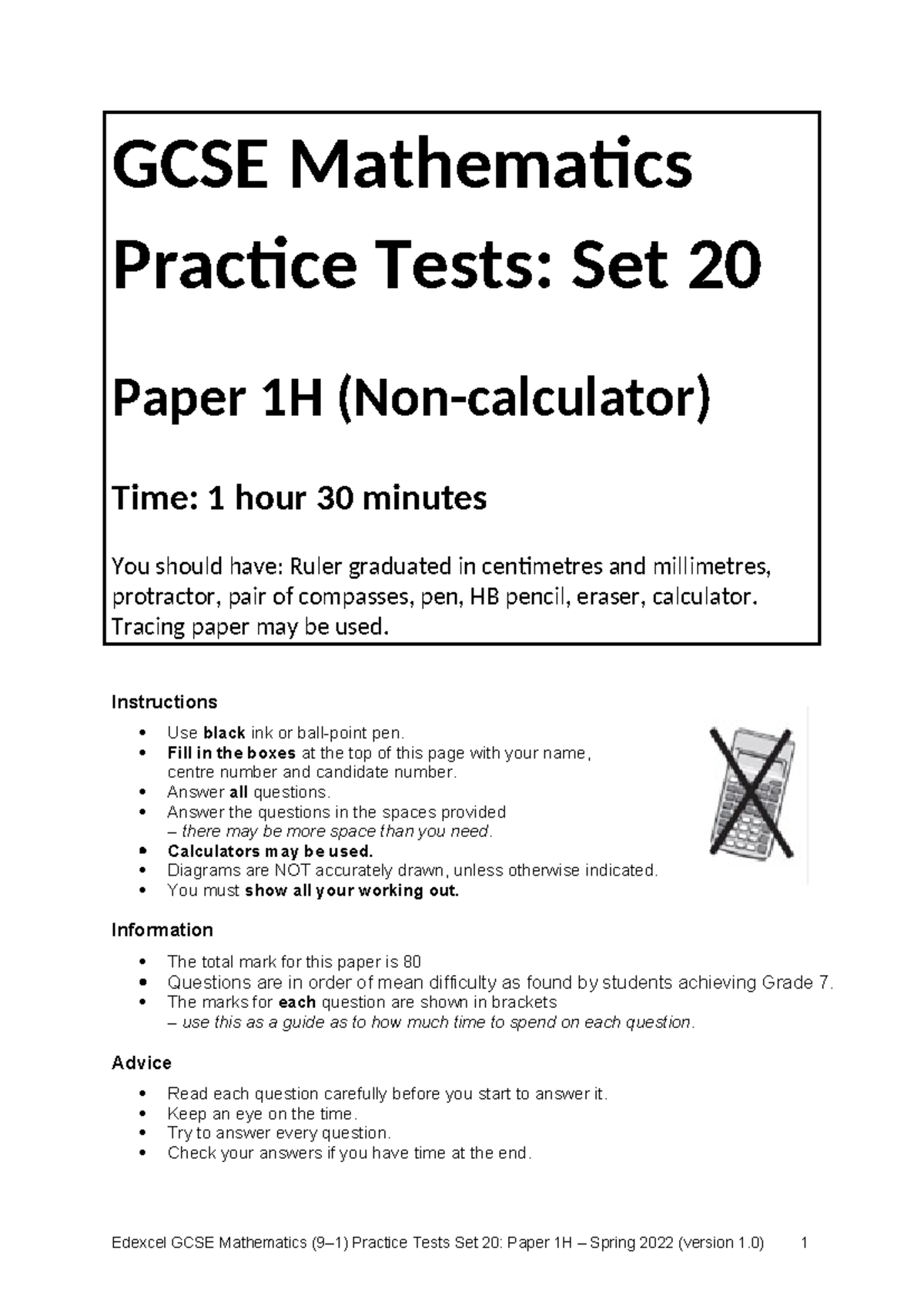 05 Practice Tests Set 20 - Paper 1H 1 - GCSE Mathematics Practice Tests ...