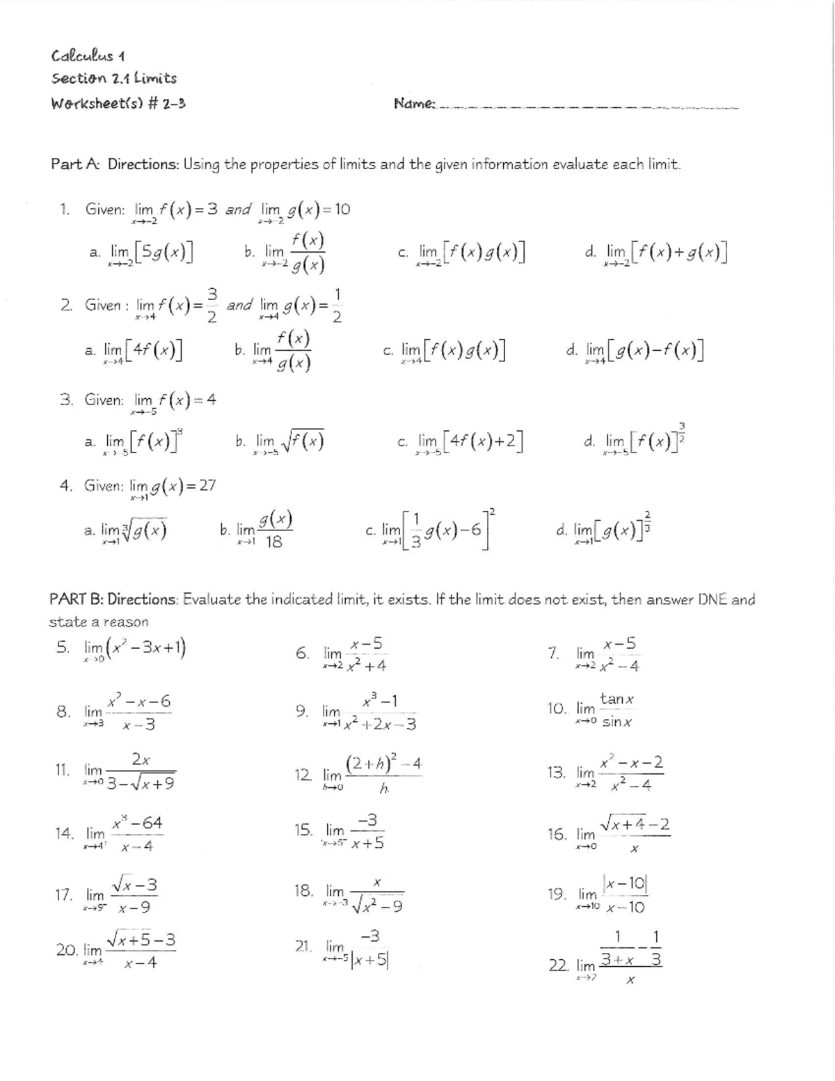 Limits worksheet - Calculus 1 Section 2 Limits Worksheet(s) Name: Part ...
