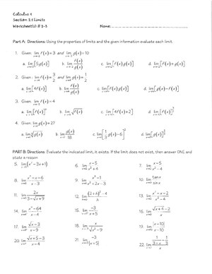 Limits worksheet - Calculus 1 Section 2 Limits Worksheet(s) Name: Part ...
