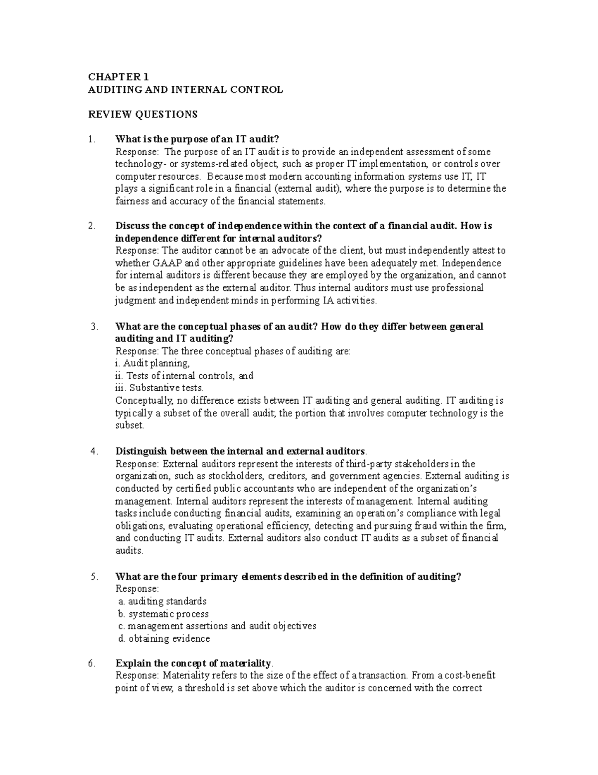 IT Audit 4ed SM Ch1 - answer for chapter 1 - CHAPTER 1 AUDITING AND INTERNAL CONTROL REVIEW ...