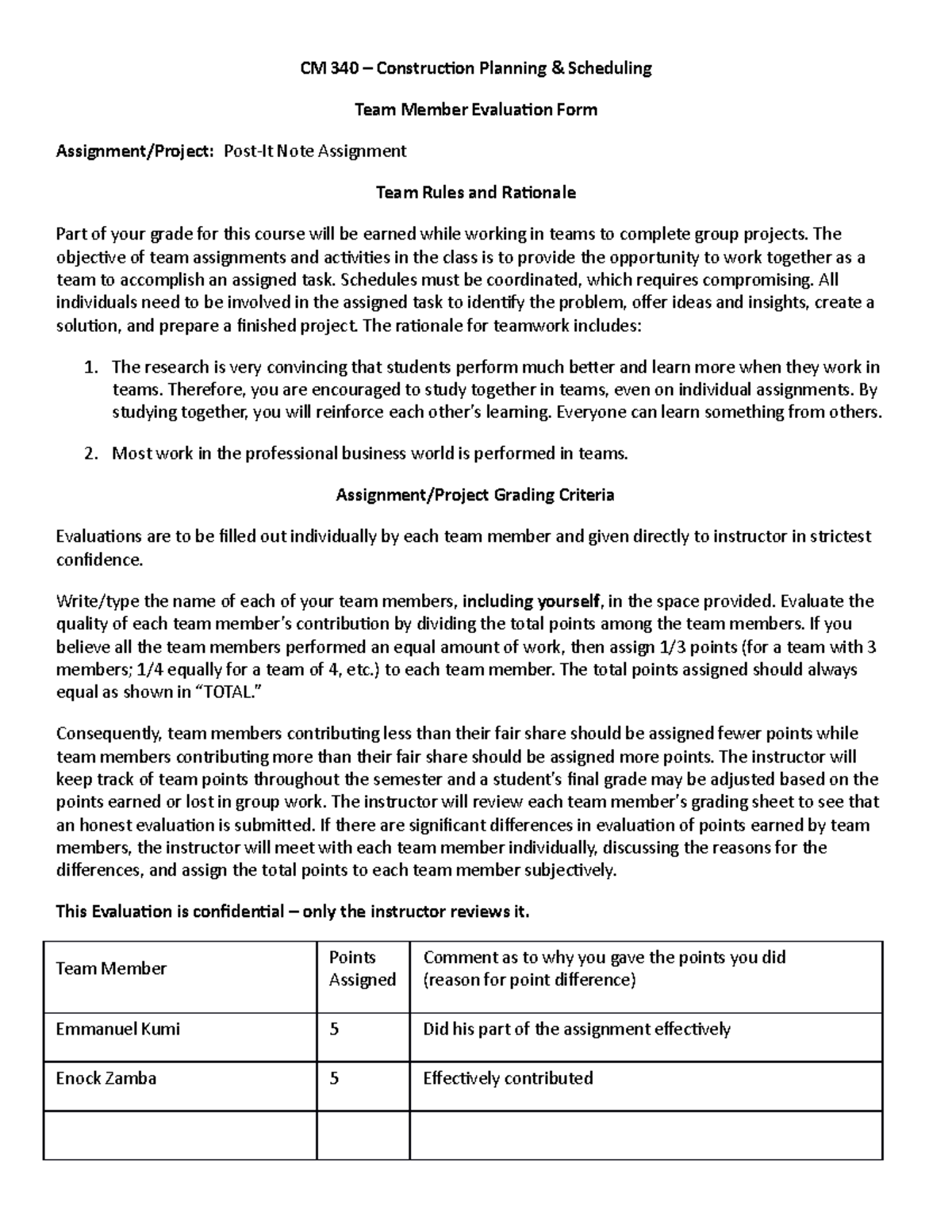 Team Member Eval Form Post-It Note Assignment - CM 340 – Construction ...