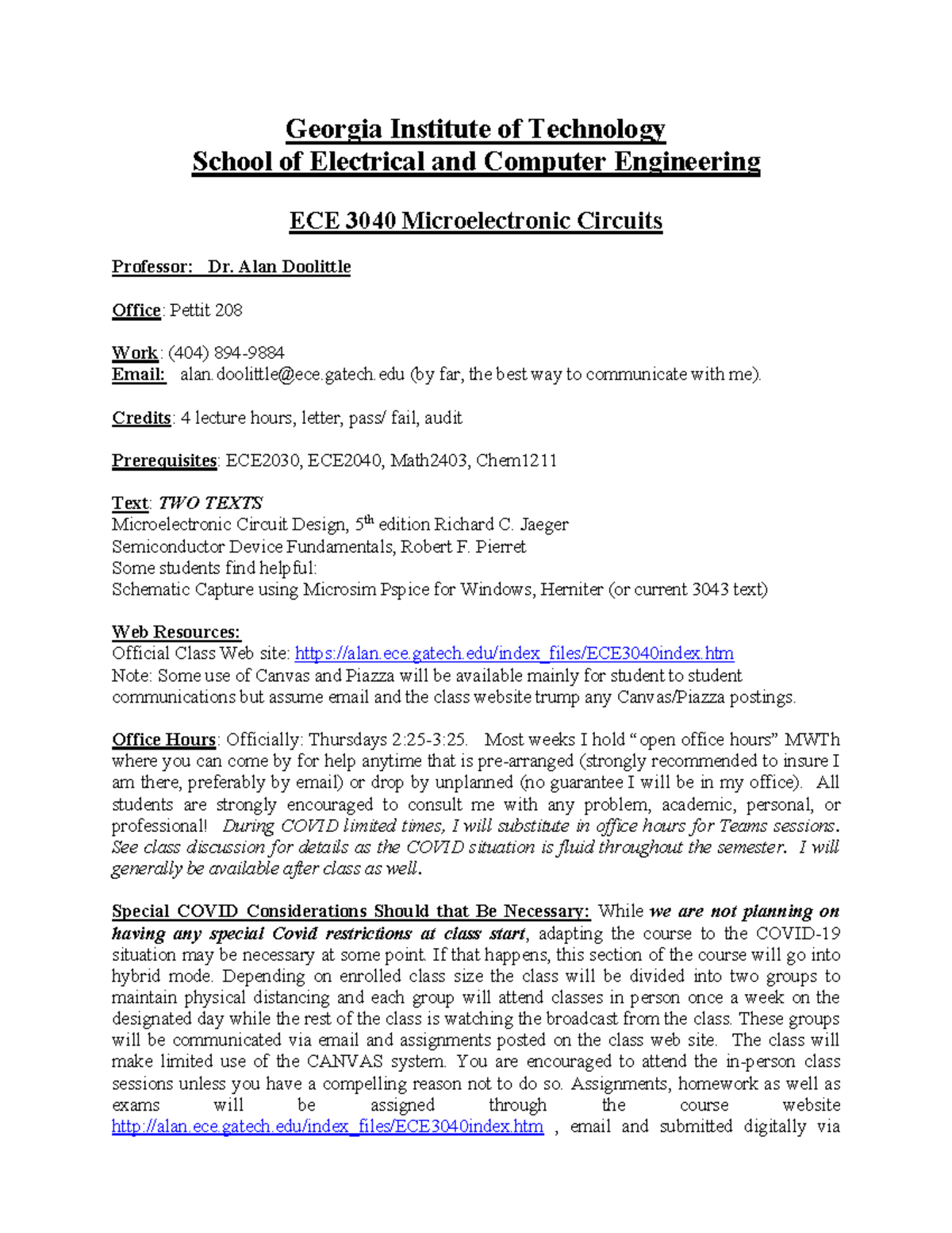 Syllabus - Georgia Institute of Technology School of Electrical and ...