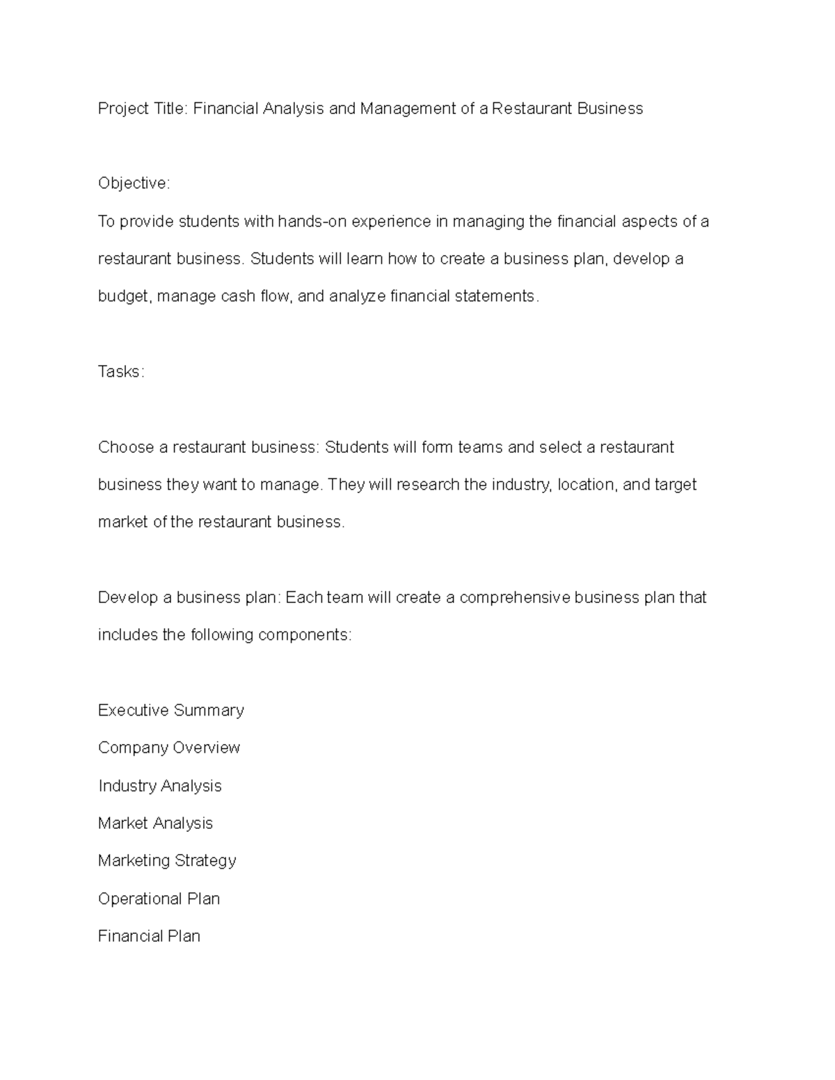 Project Title Financial Analysis and Management of a Restaurant ...