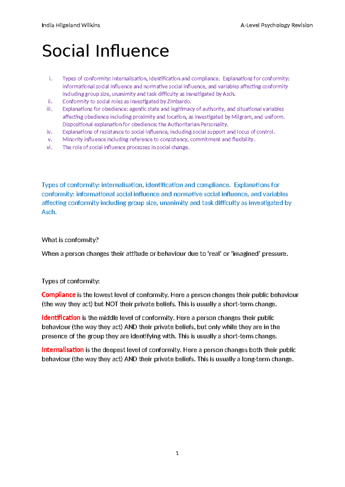 SI revision - Abc - Social Influence i. Types of conformity ...