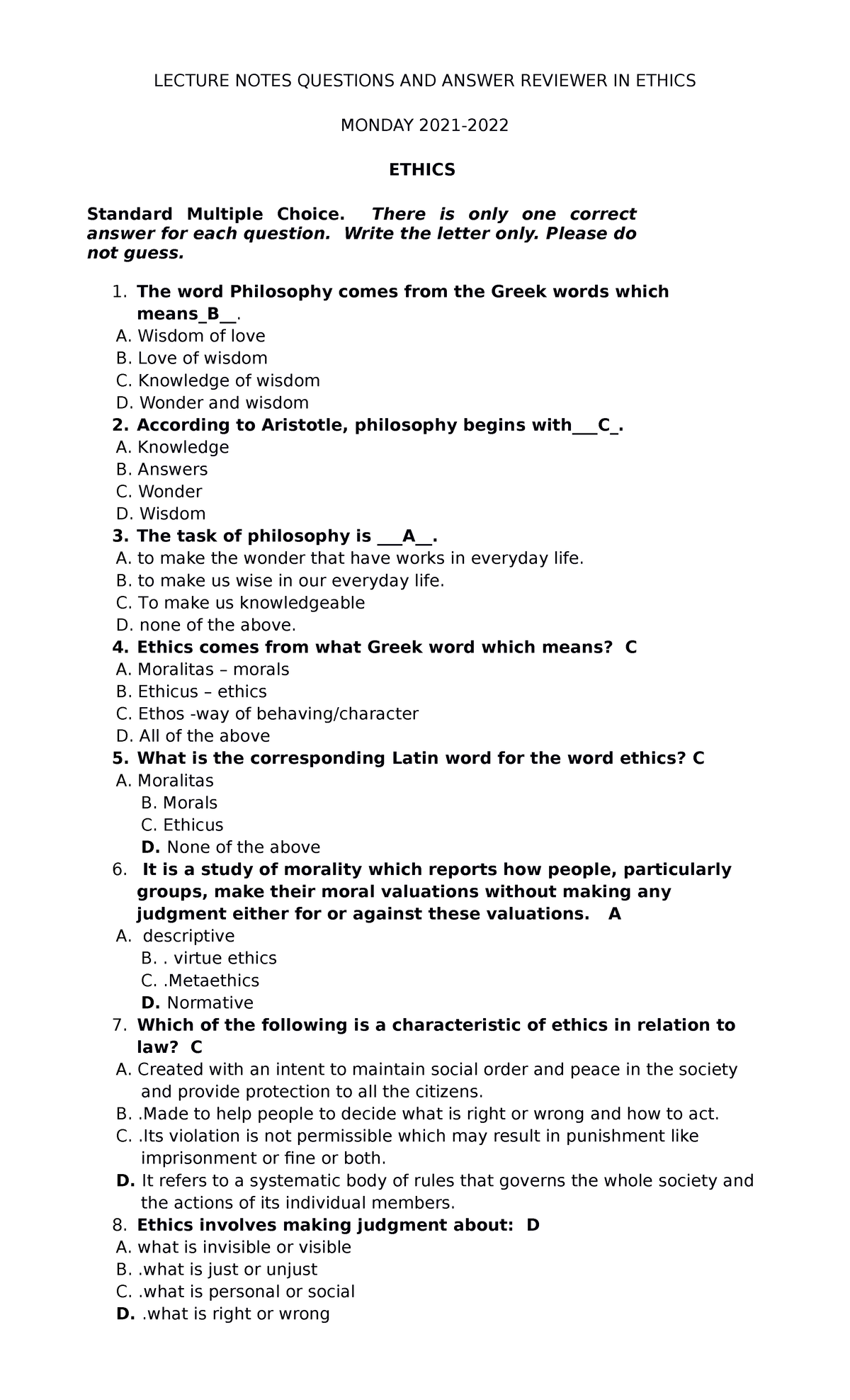 Questions AND Answer Reviewer IN Ethics - LECTURE NOTES QUESTIONS AND ...