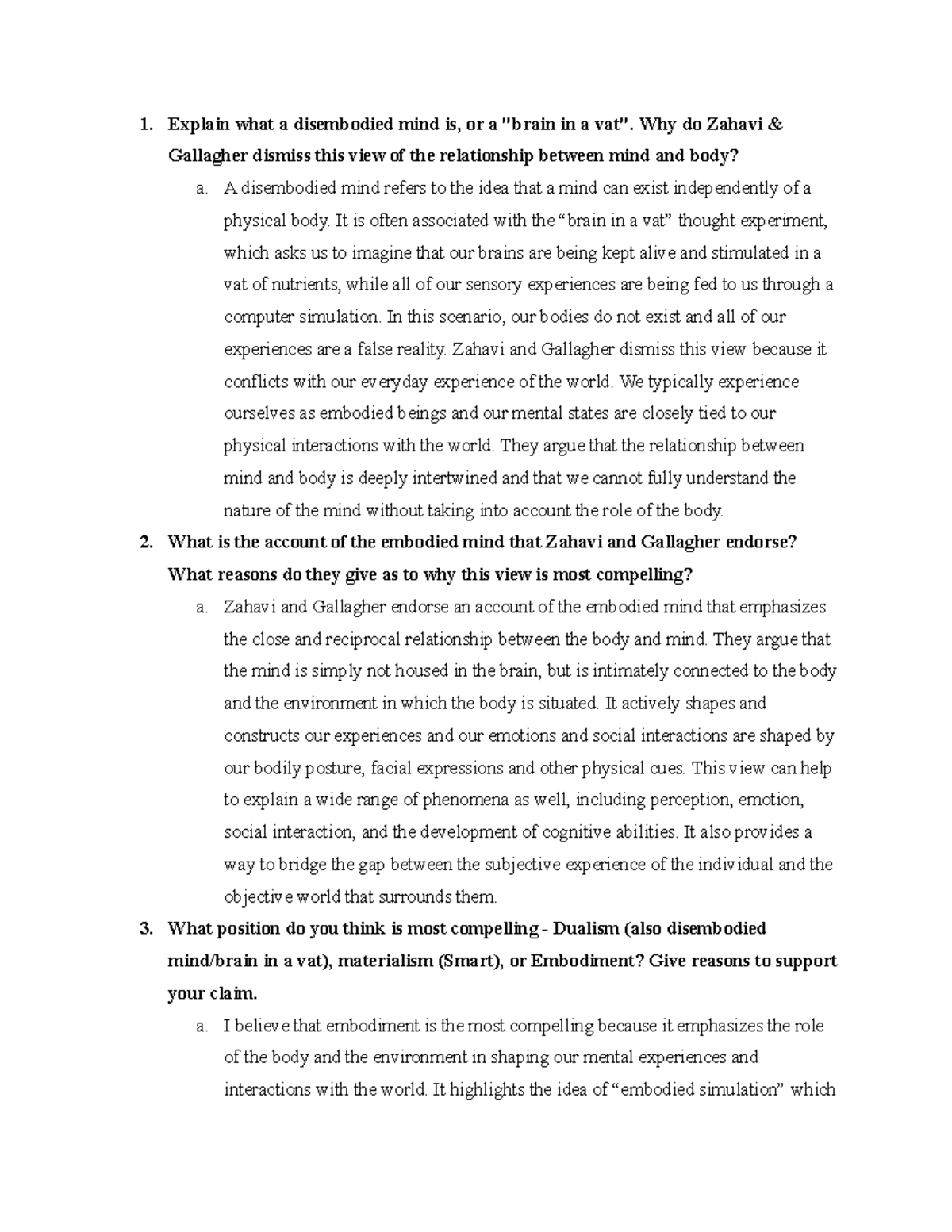 Philosophy 130 The Embodied Mind RQ - Explain what a disembodied mind ...