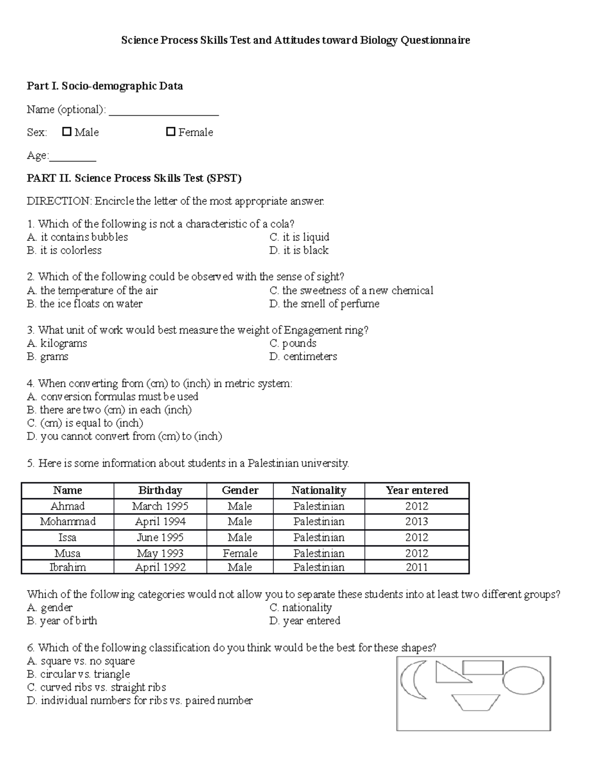 Research Questionnaire - Science Process Skills Test and Attitudes ...