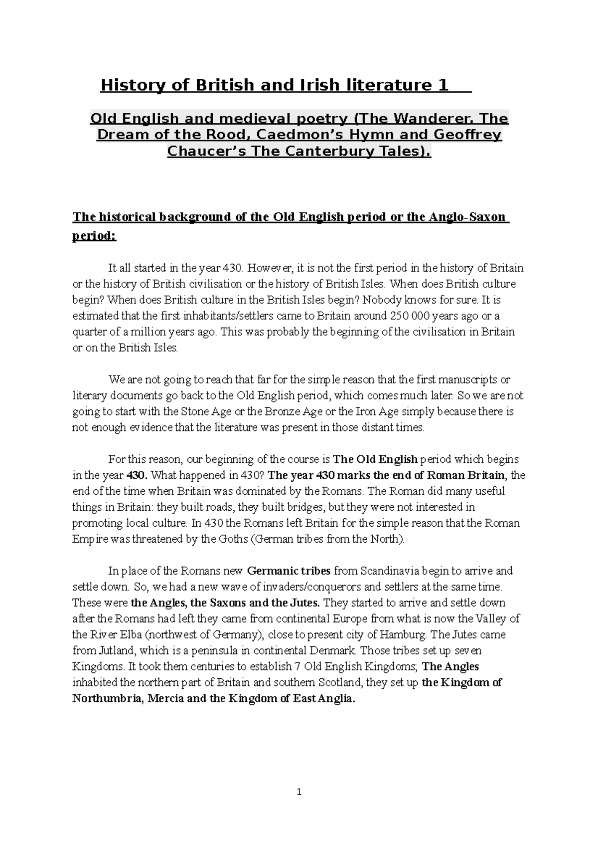 The Old English Period - History of British and Irish literature 1 Old ...