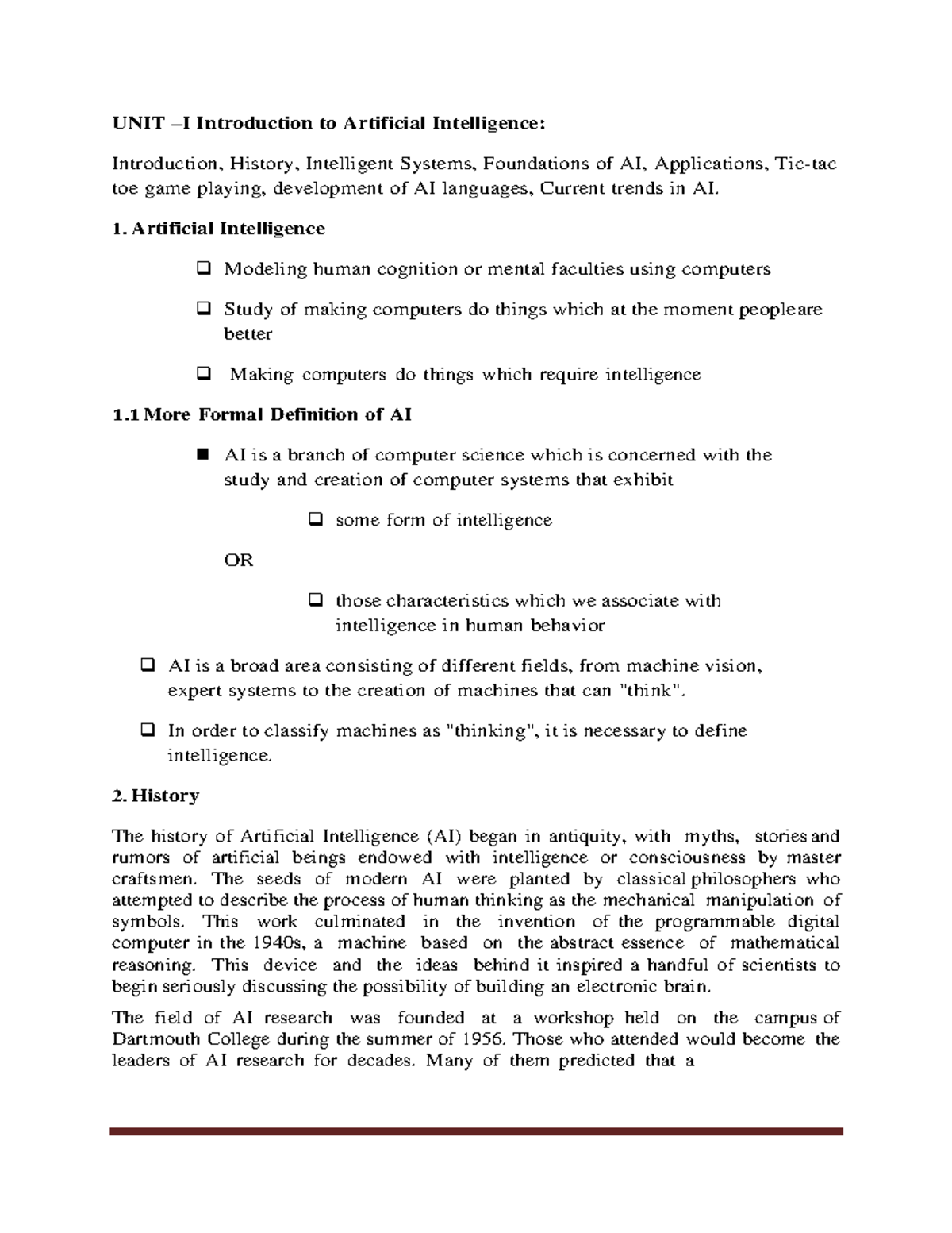 AI - UNIT-1 - UNIT – I Introduction to Artificial Intelligence ...