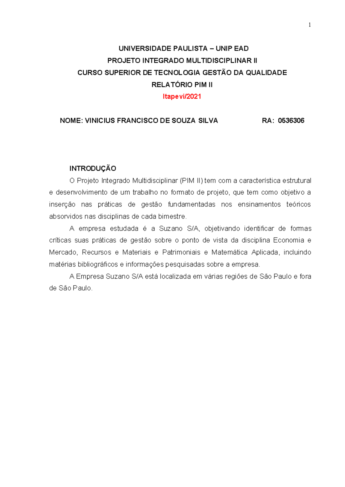 PIM II UNIP UNIP ITA - PIM - UNIVERSIDADE PAULISTA – UNIP EAD PROJETO ...