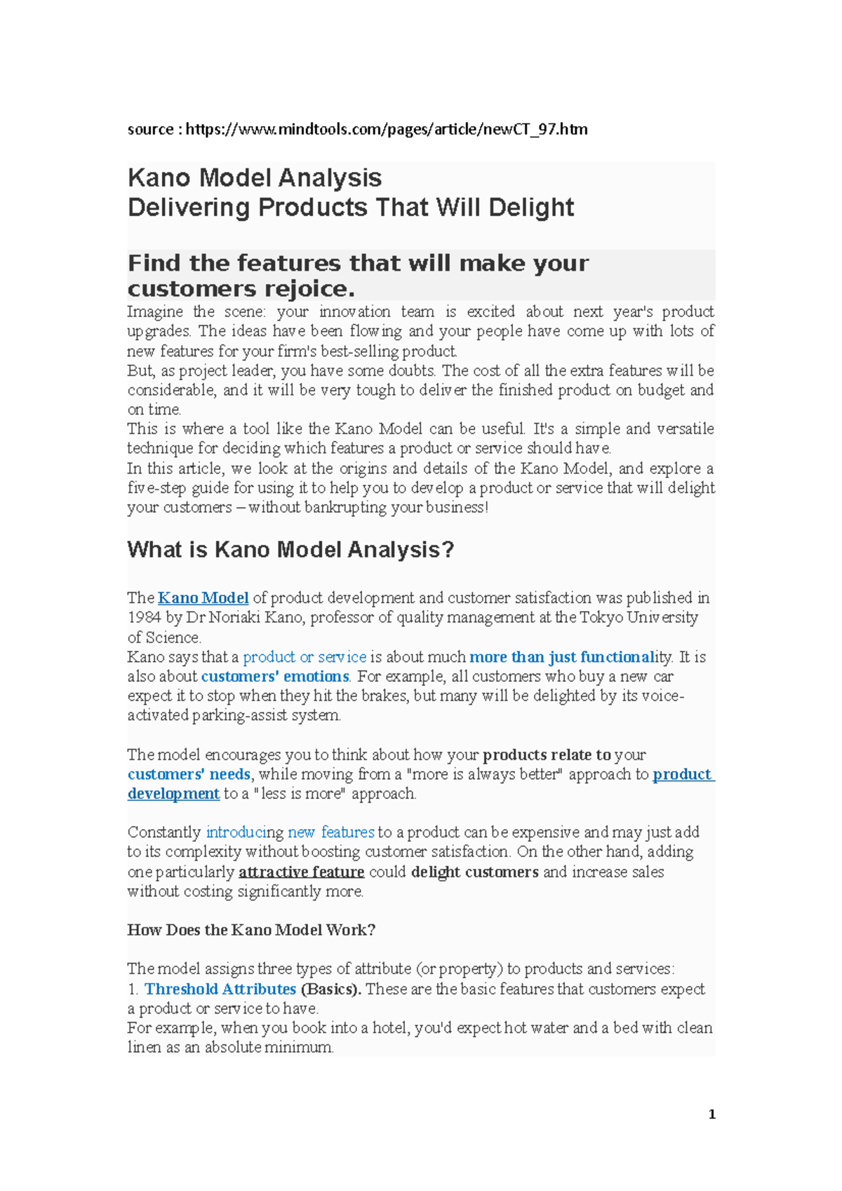 Kano Model R - mike - source : mindtools/pages/article/newCT_97.htm ...