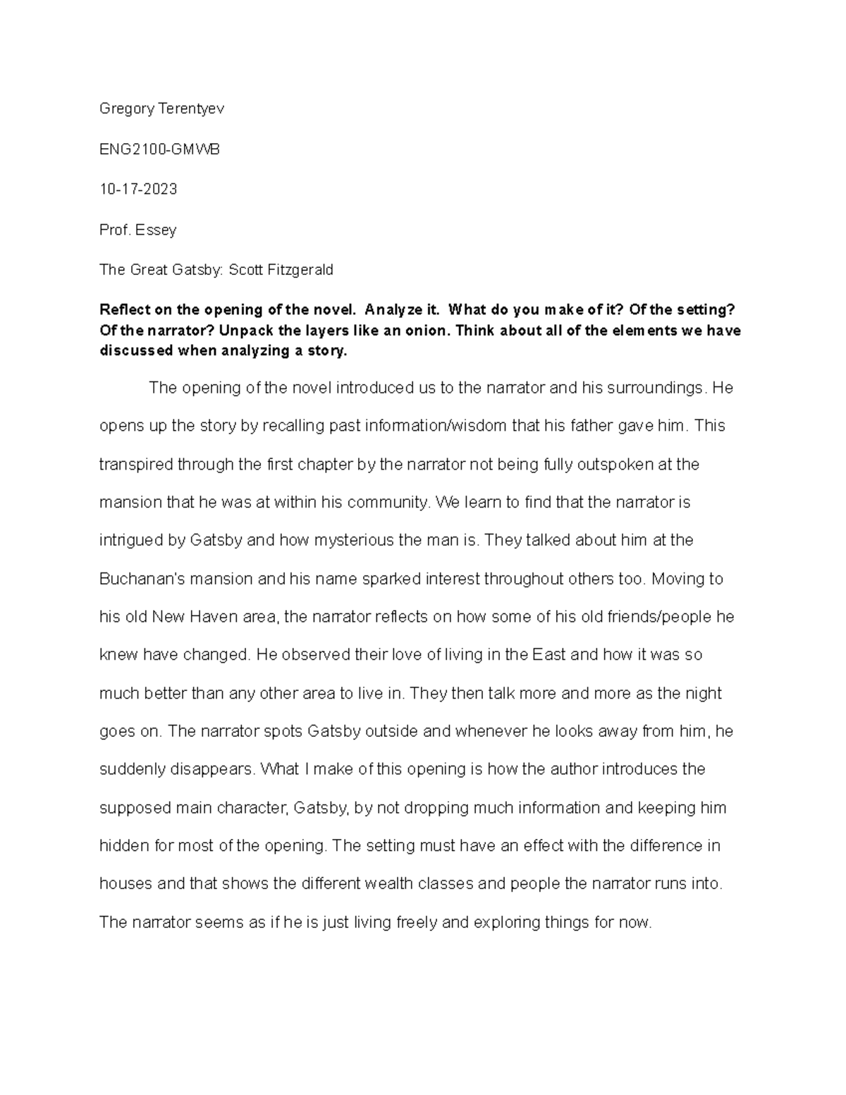 Great Gatsby Response #1 - Gregory Terentyev ENG2100-GMWB 10-17- Prof ...