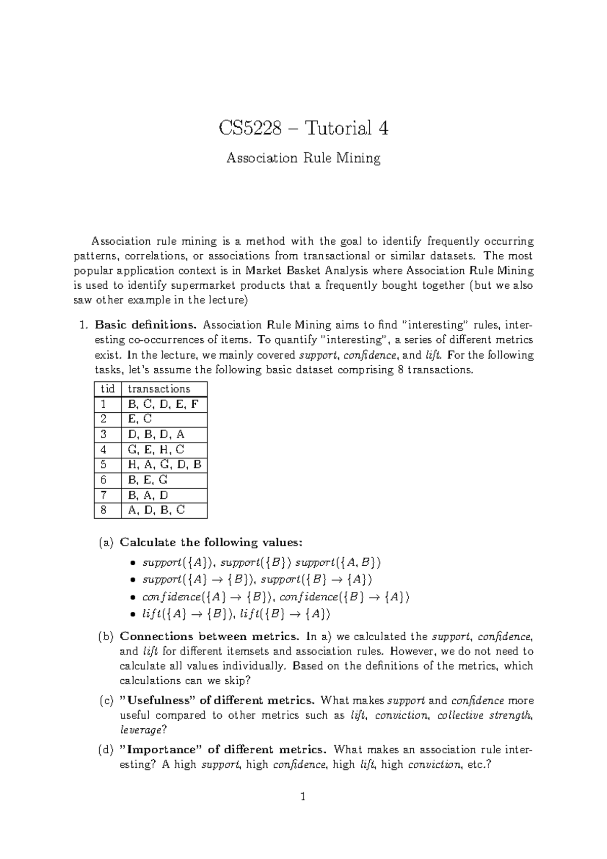 Cs5228-tutorial 04-pre - CS5228 – Tutorial 4 Association Rule Mining ...