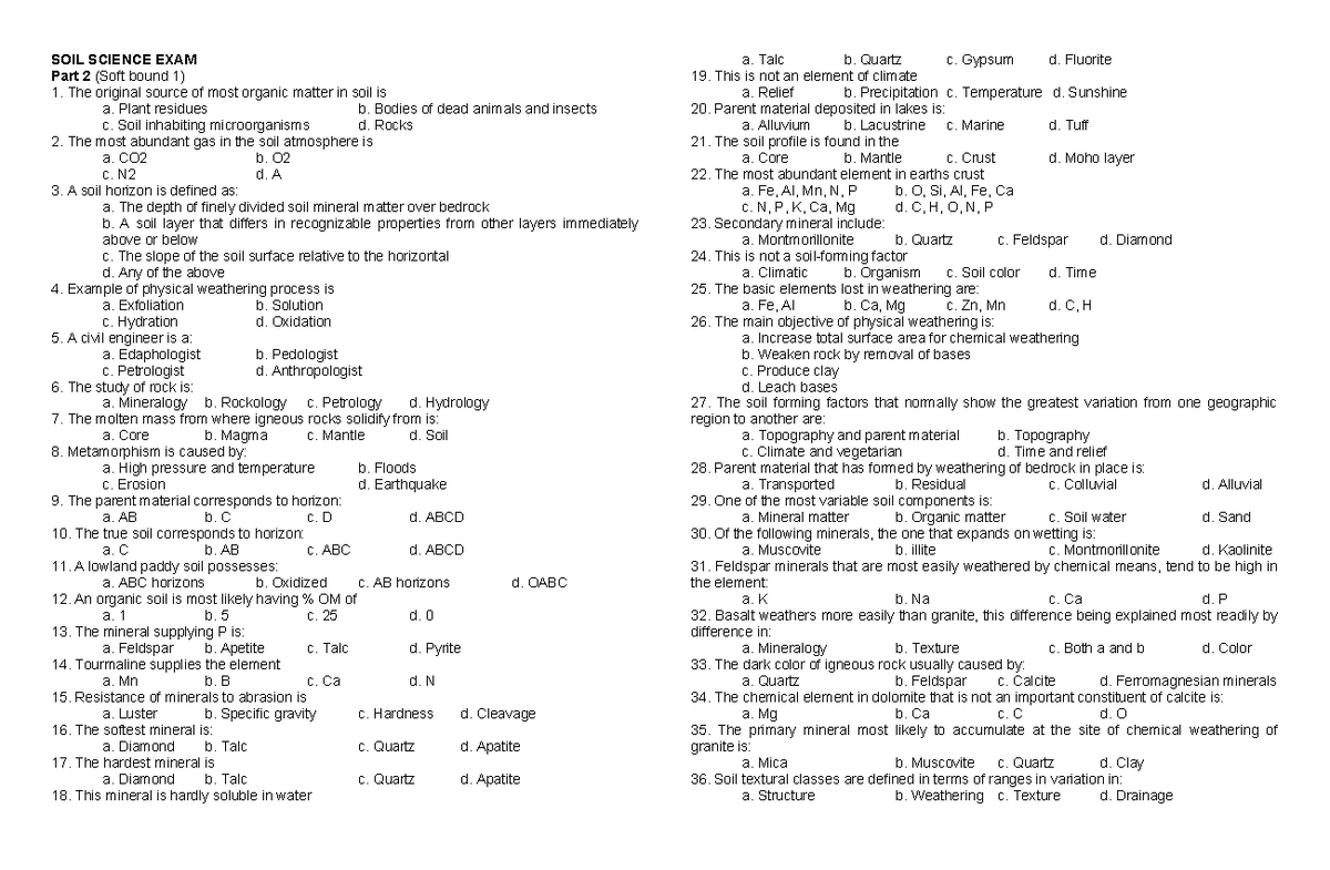 Final Exam Answer Key Soil Science - SOIL SCIENCE EXAM Part 2 (Soft ...