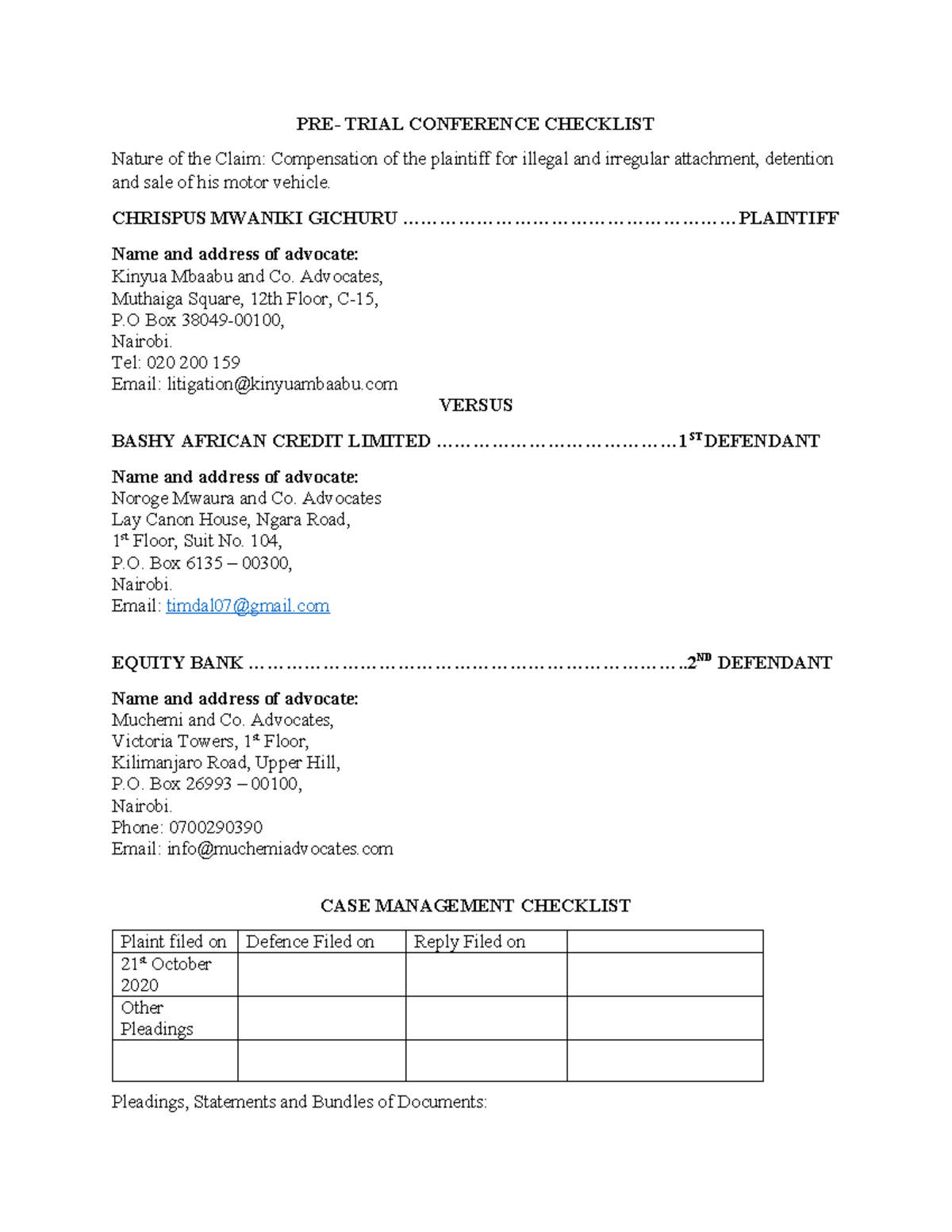 Case Management Checklist - PRE- TRIAL CONFERENCE CHECKLIST Nature of ...
