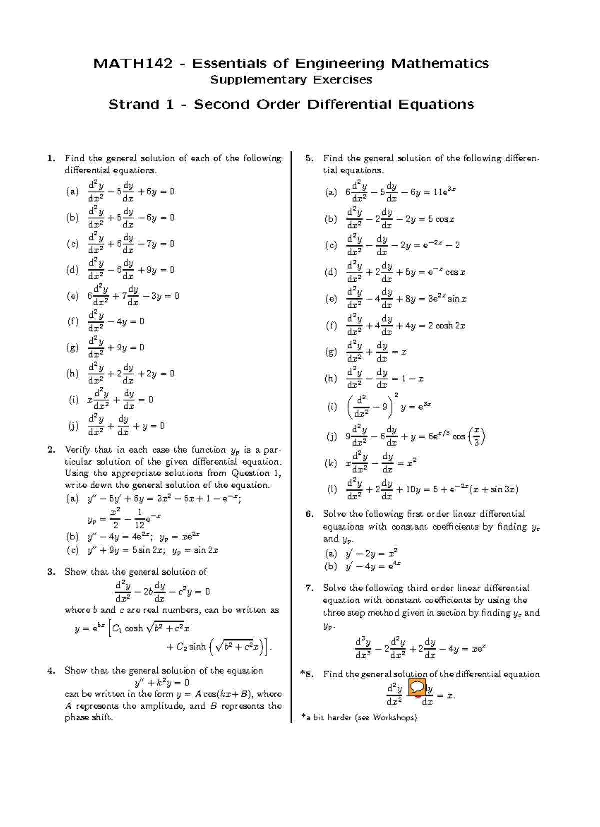 01 - Second Order DEs - MATH142 - Essentials of Engineering Mathematics ...