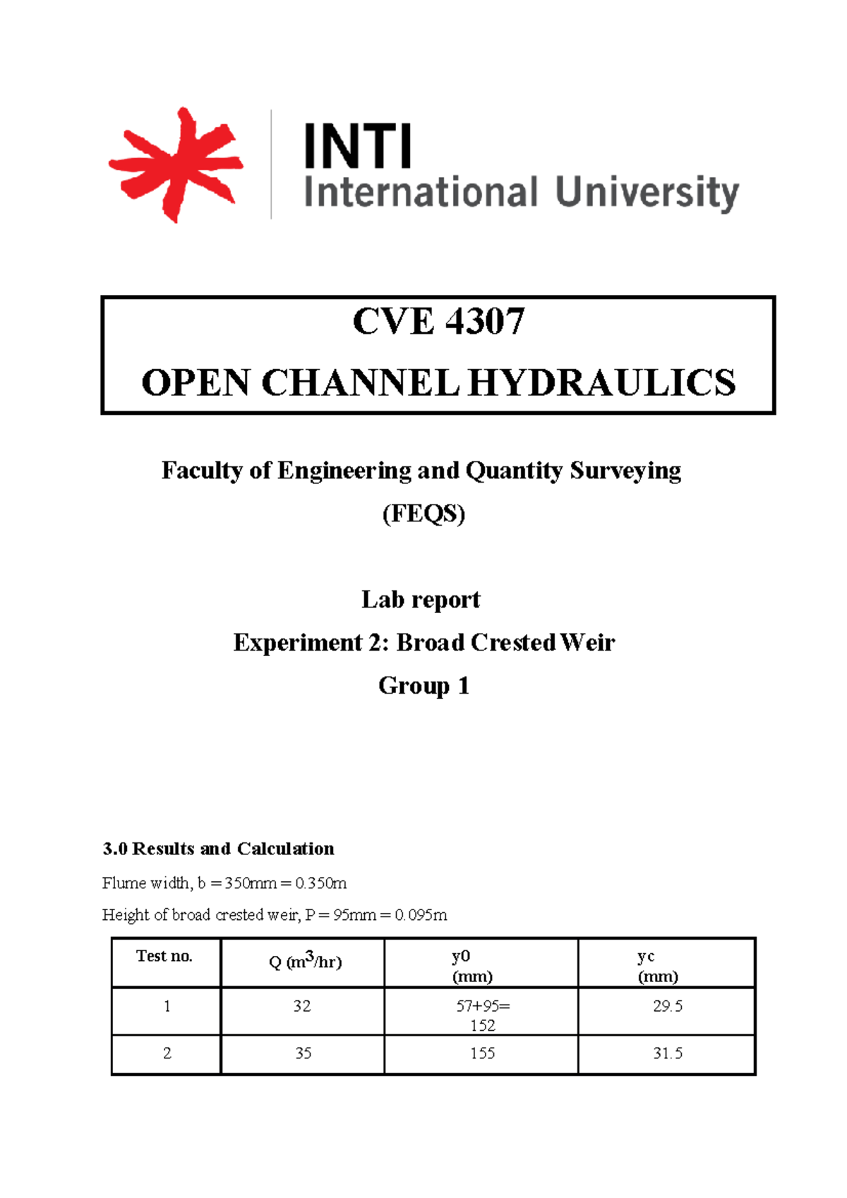 Open Channel Lab 2 - lab report on crest weir experiment - Faculty of ...