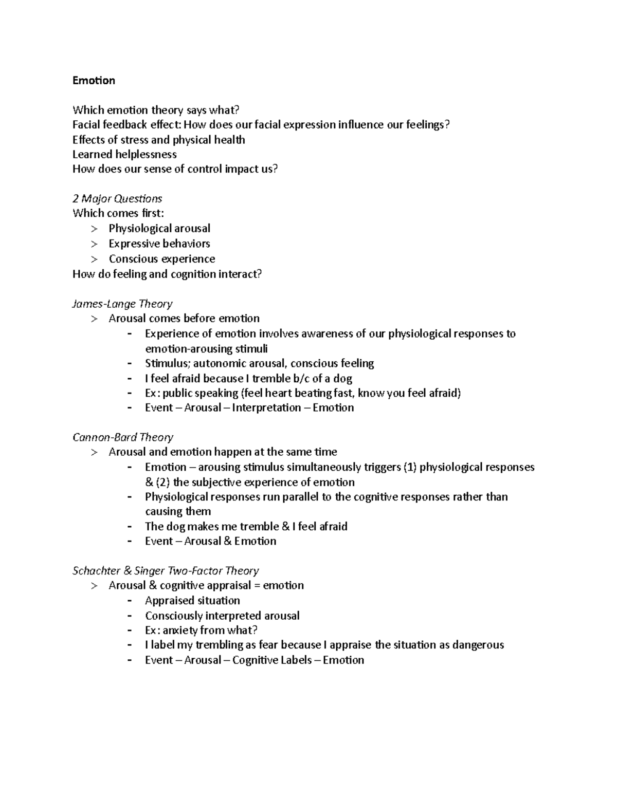 lecture notes from week 9 - Emotion Which emotion theory says what ...