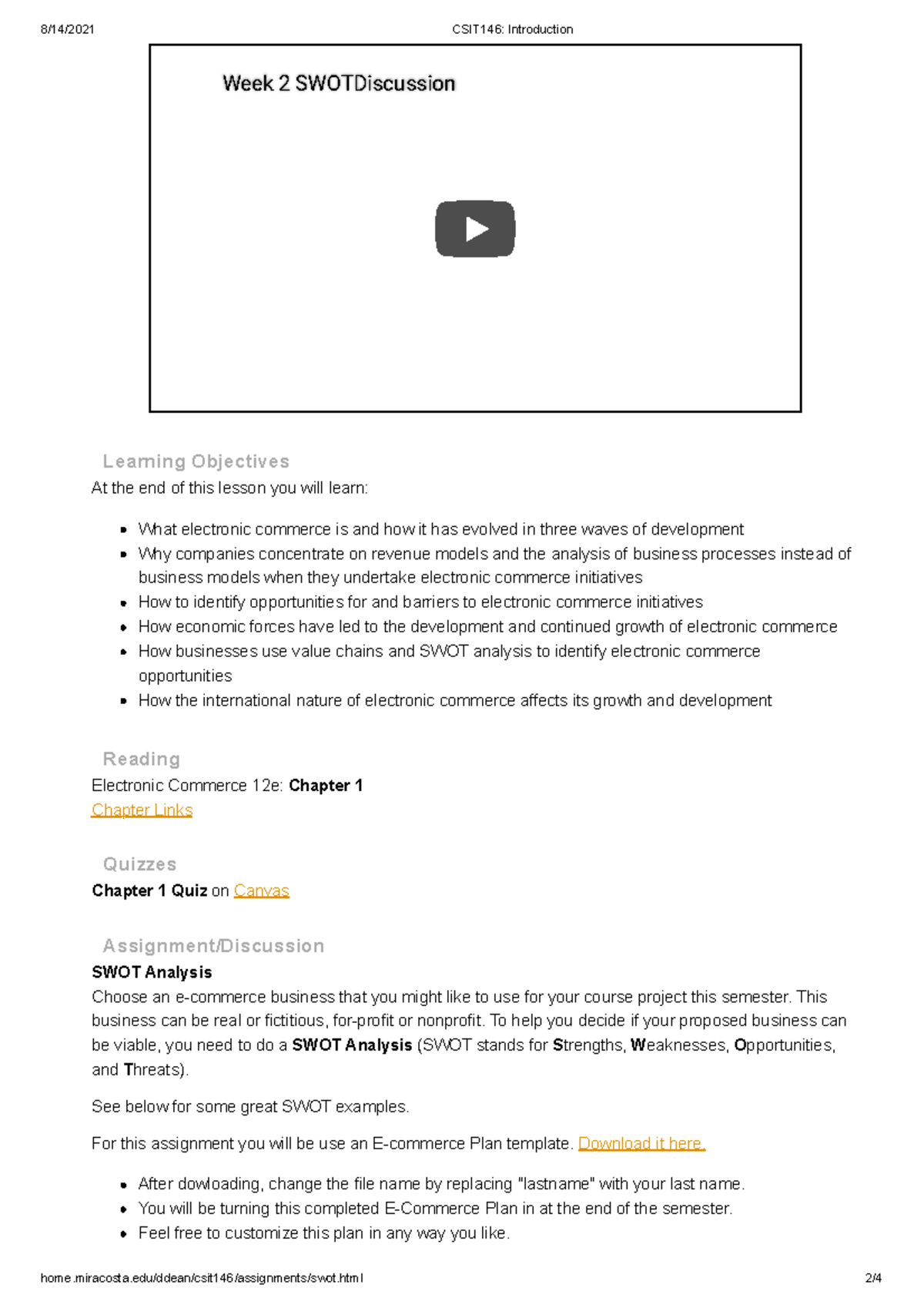 SWOT Analysis Summary - 8/14/2021 CSIT146: Introduction - Studocu