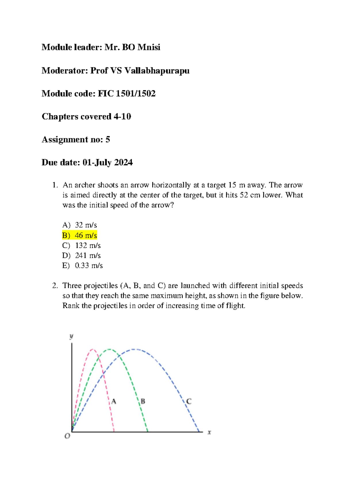 Question paper and memo for assignment 5 - Module leader: Mr. BO Mnisi ...