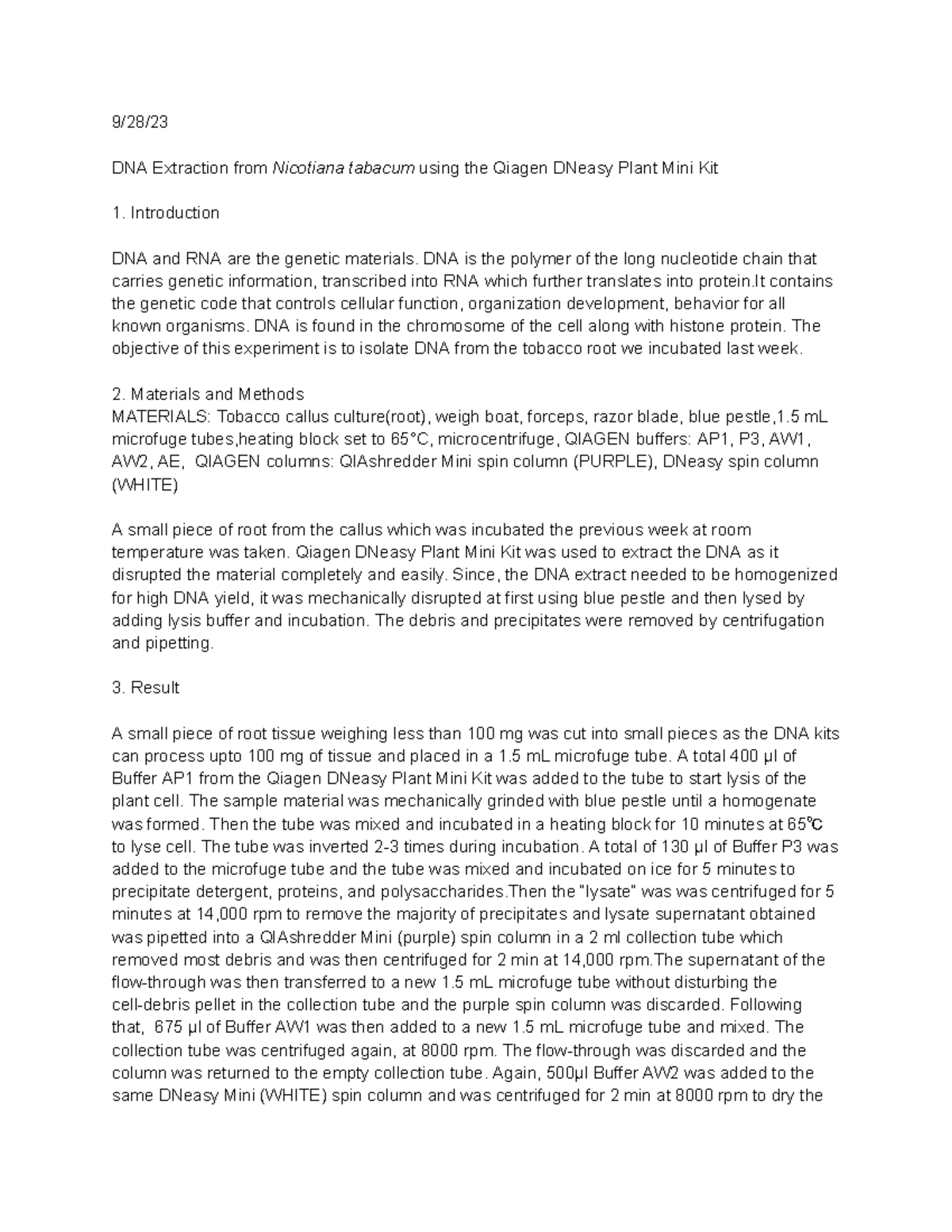 Lab 4 lab summary - 9/28/ DNA Extraction from Nicotiana tabacum using ...