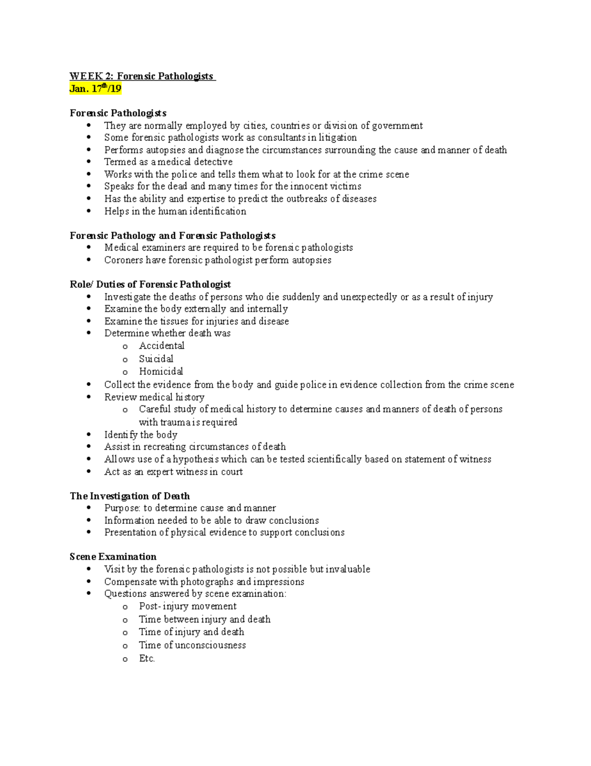 Week 2 Forensic Pathologists Intro To Fs Notes Week 2 Forensic Pathologists Jan 17th19
