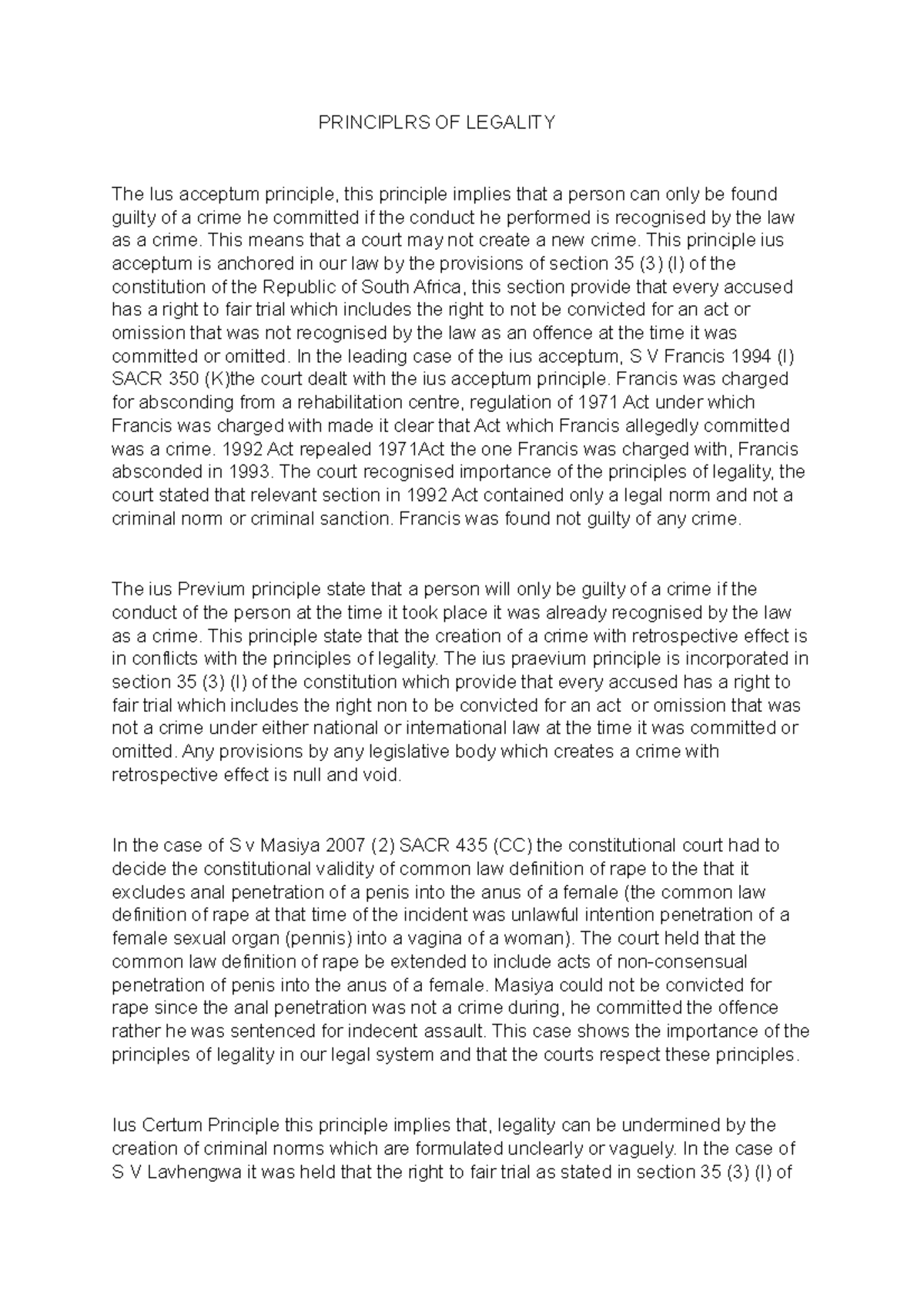 Principles of Legality - PRINCIPLRS OF LEGALITY The Ius acceptum ...