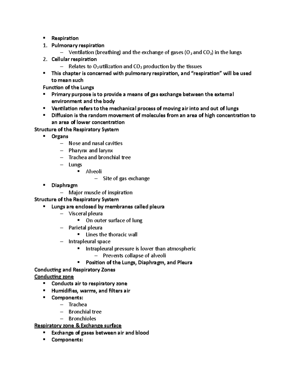 Ch 10 lecture 1 - § Respiration Pulmonary respiration Ventilation ...