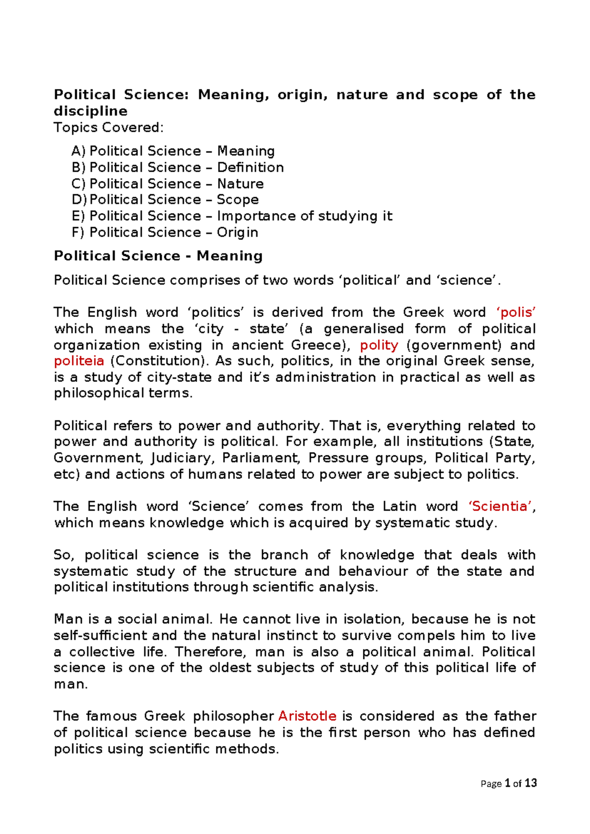 Unit 1 - Part I - Pol Science - Political Science: Meaning, origin ...