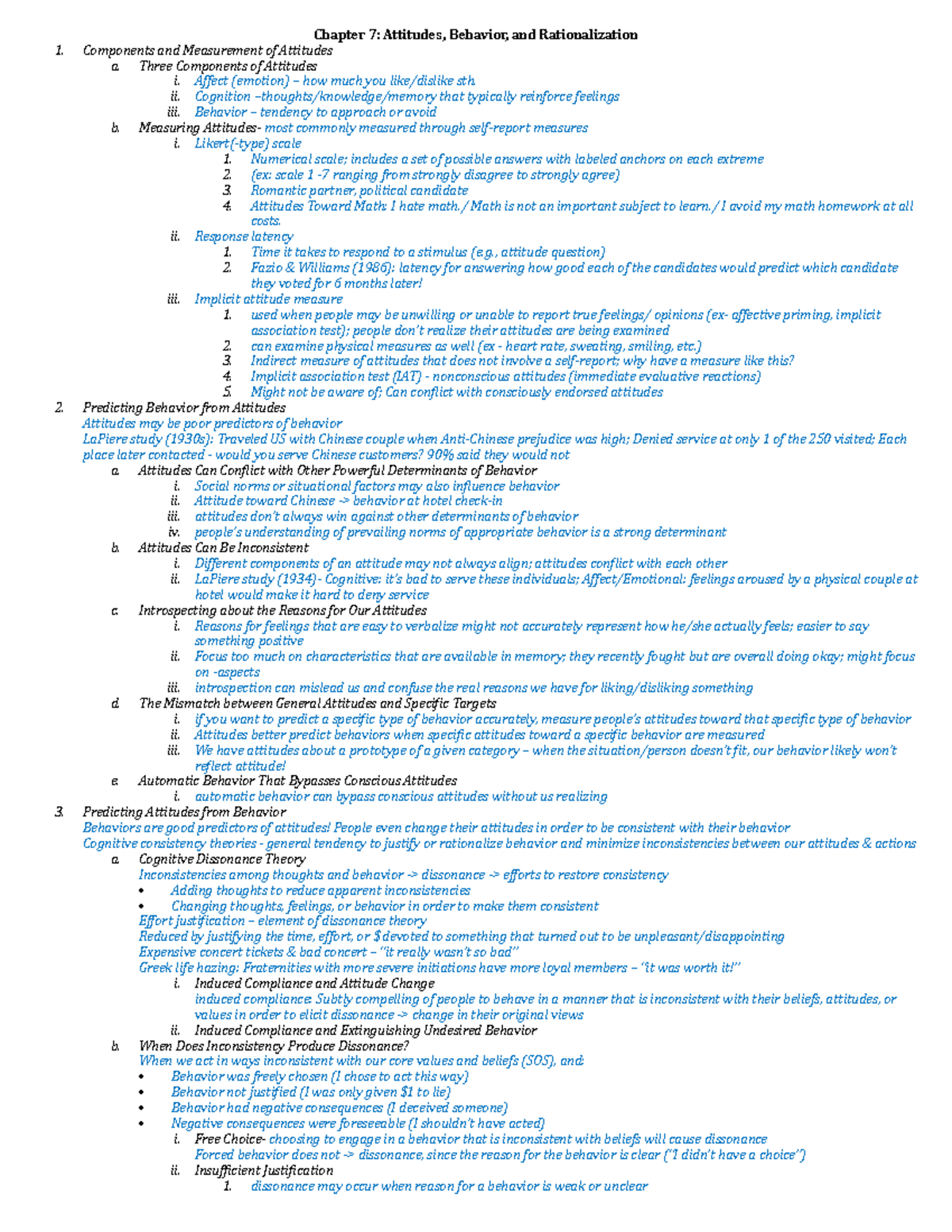 Chapter 7 Lecture Notes - Chapter 7: Attitudes, Behavior, and ...