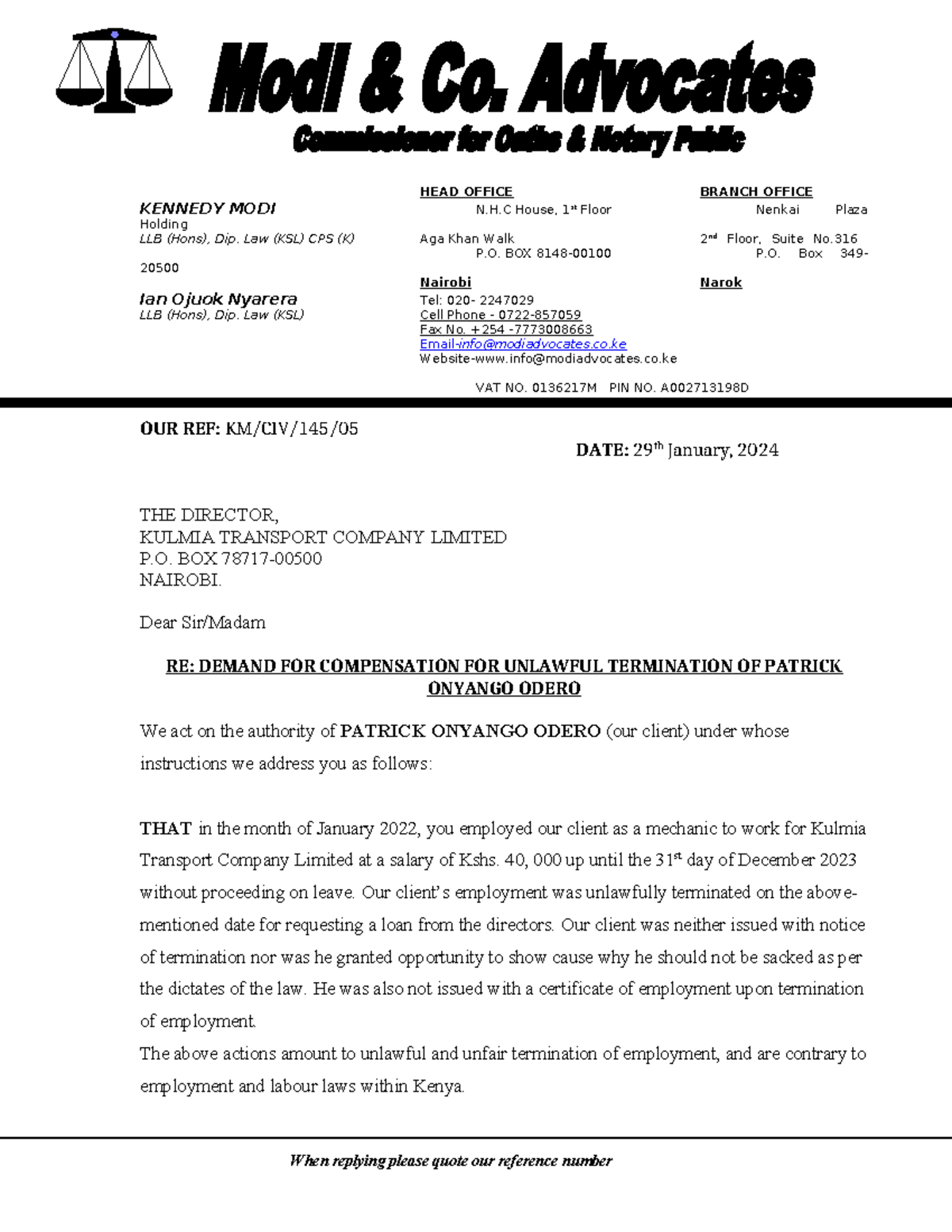 CIV 145 Demand Letter - HEAD OFFICE BRANCH OFFICE KENNEDY MODI N.H ...