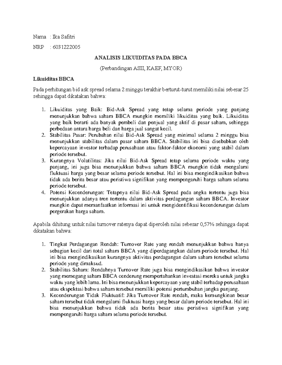 6031222005 Analisis Likuiditas - Nama : Ika Safitri NRP : 6031222005 ...