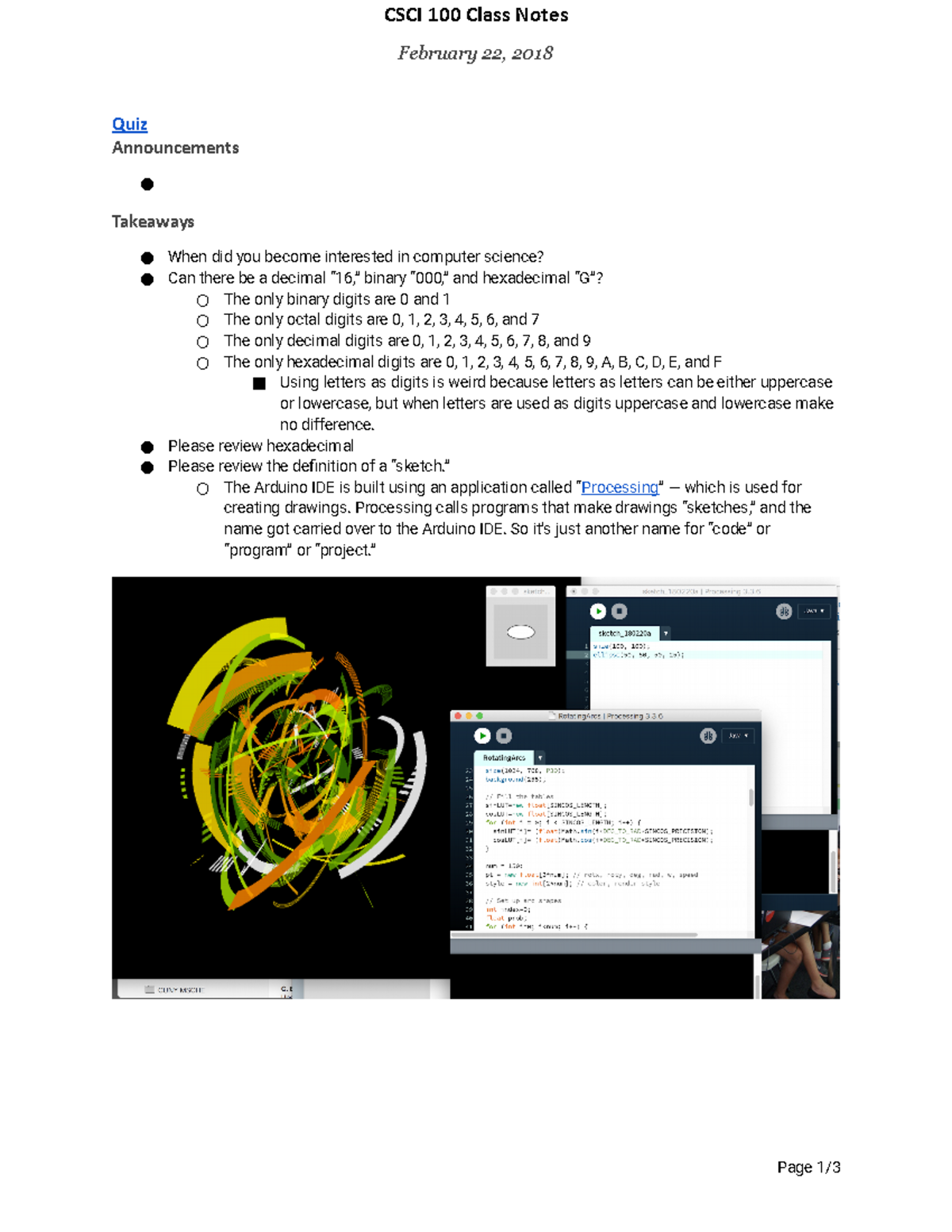 2018-02-22 Class Notes - CSCI 100 Class Notes February 22, 2018 Quiz ...