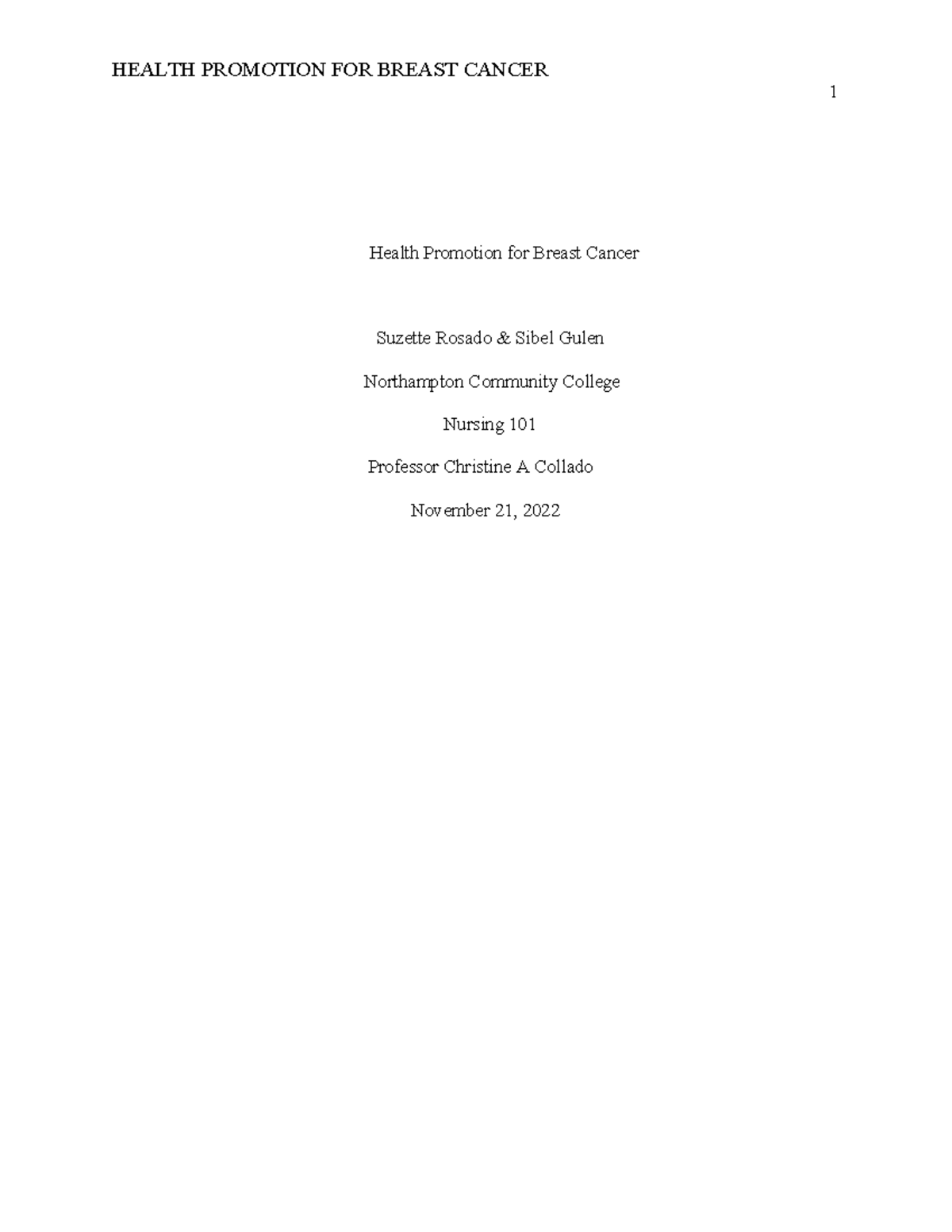 Breast Cancer Health Promotion Project (1) - 1 Health Promotion for ...