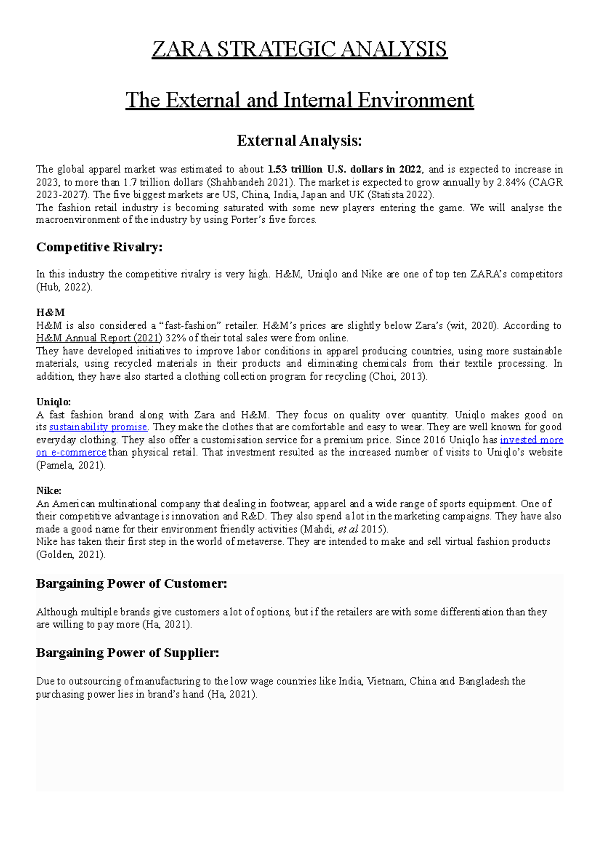 ZARA Analysis - Class assignment - ZARA STRATEGIC ANALYSIS The External ...