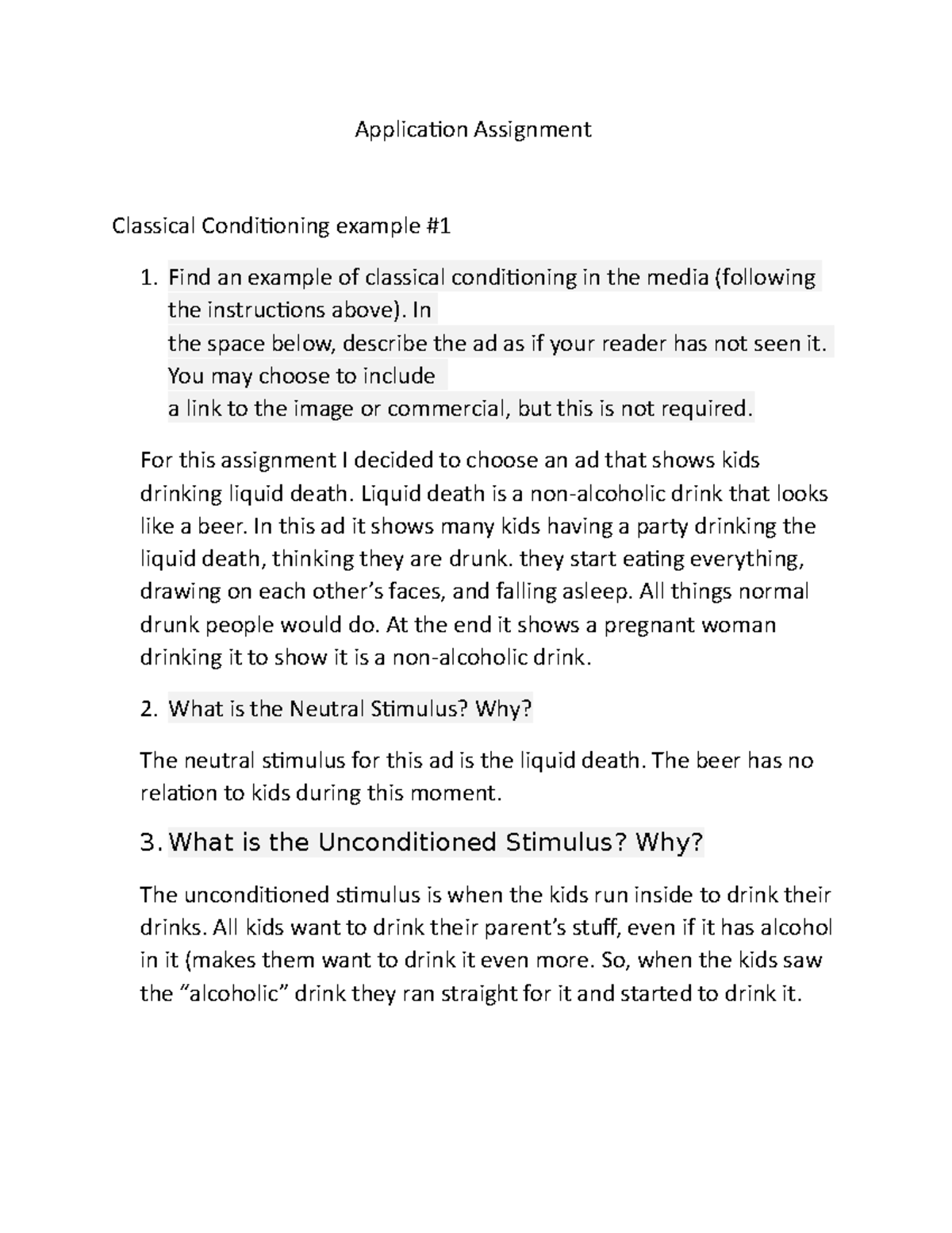 Application Assignment - Application Assignment Classical Conditioning example # Find an example ...