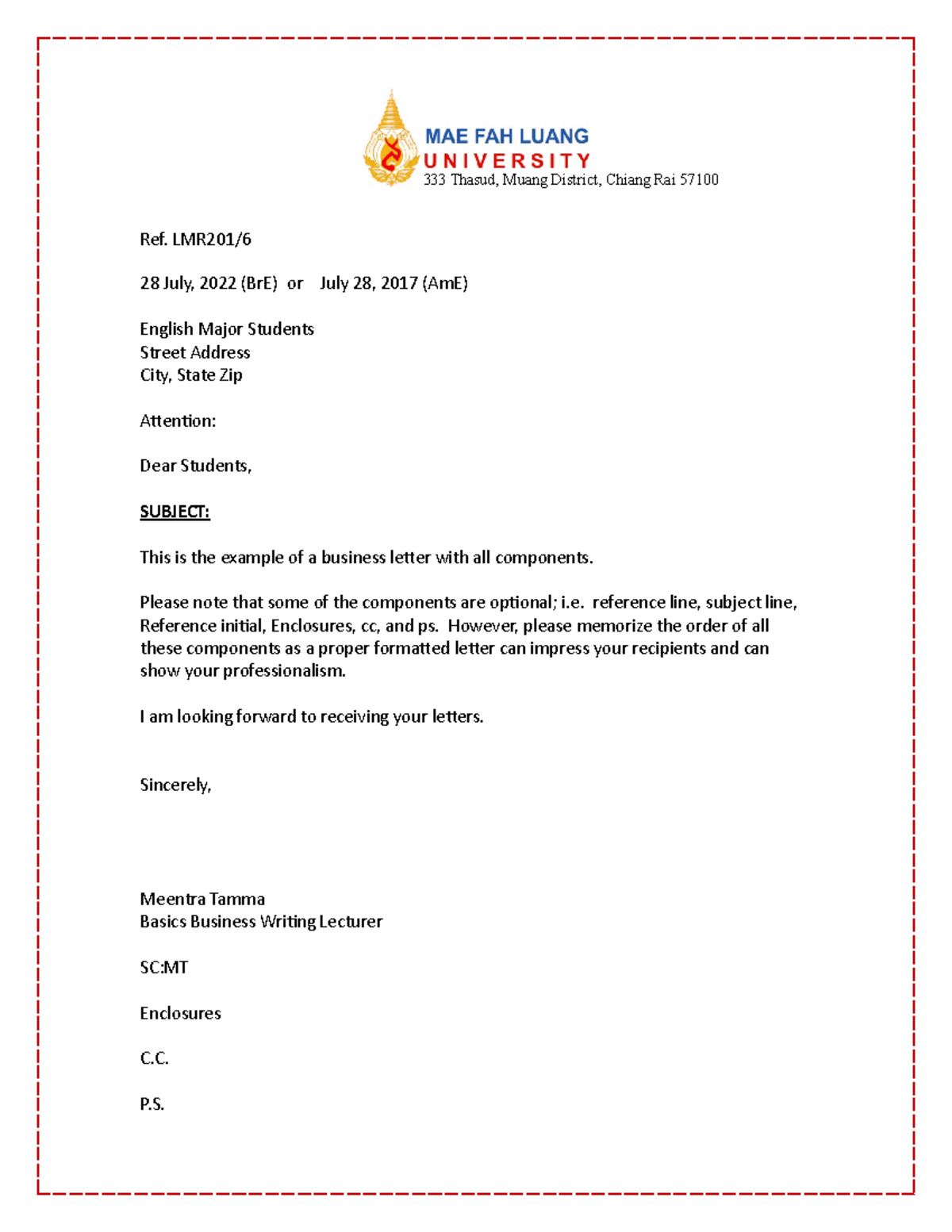 Elements of formal business letter - Ref. LMR201/ 28 July, 2022 (BrE ...