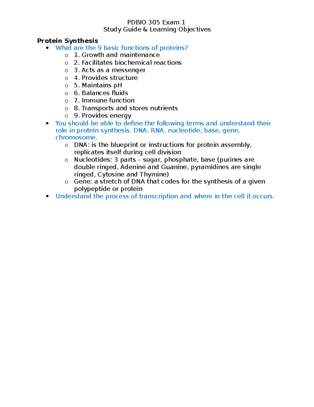 PDBIO 305 Exam 1 SG - Summary Human Physiology - Study Guide & Learning ...