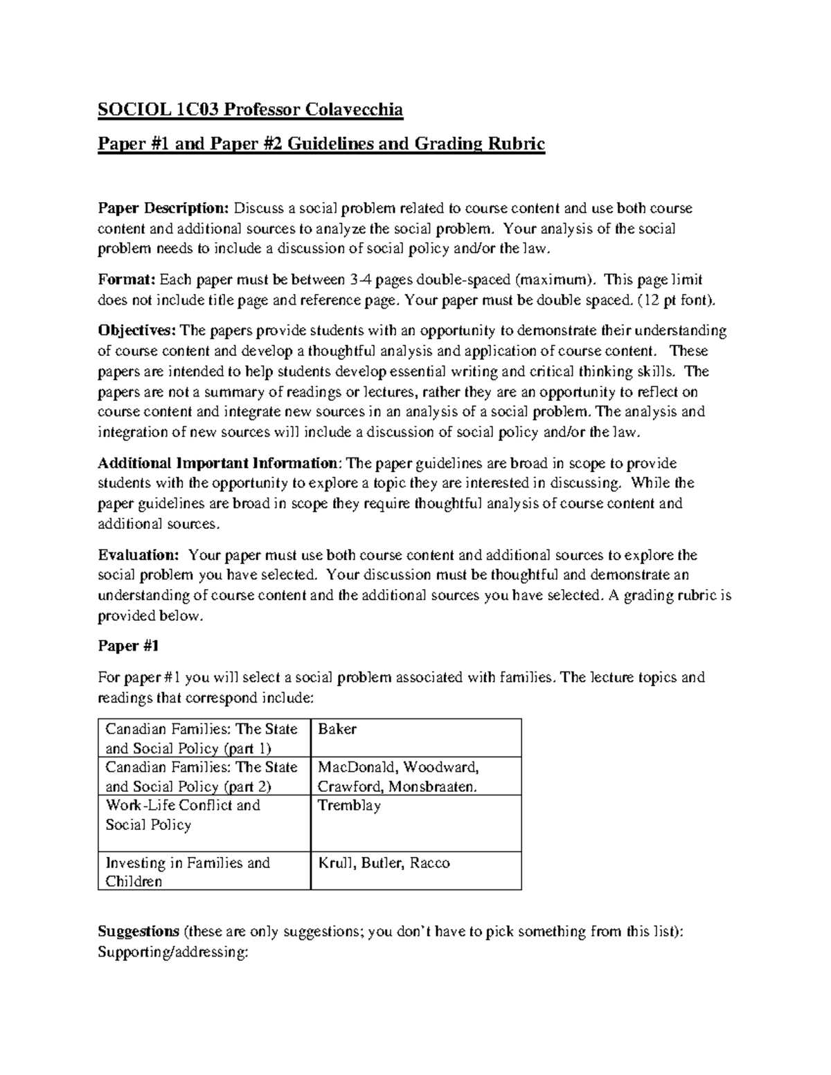 Paper Guidelines - SOCIOL 1C03 Professor Colavecchia Paper #1 and Paper ...